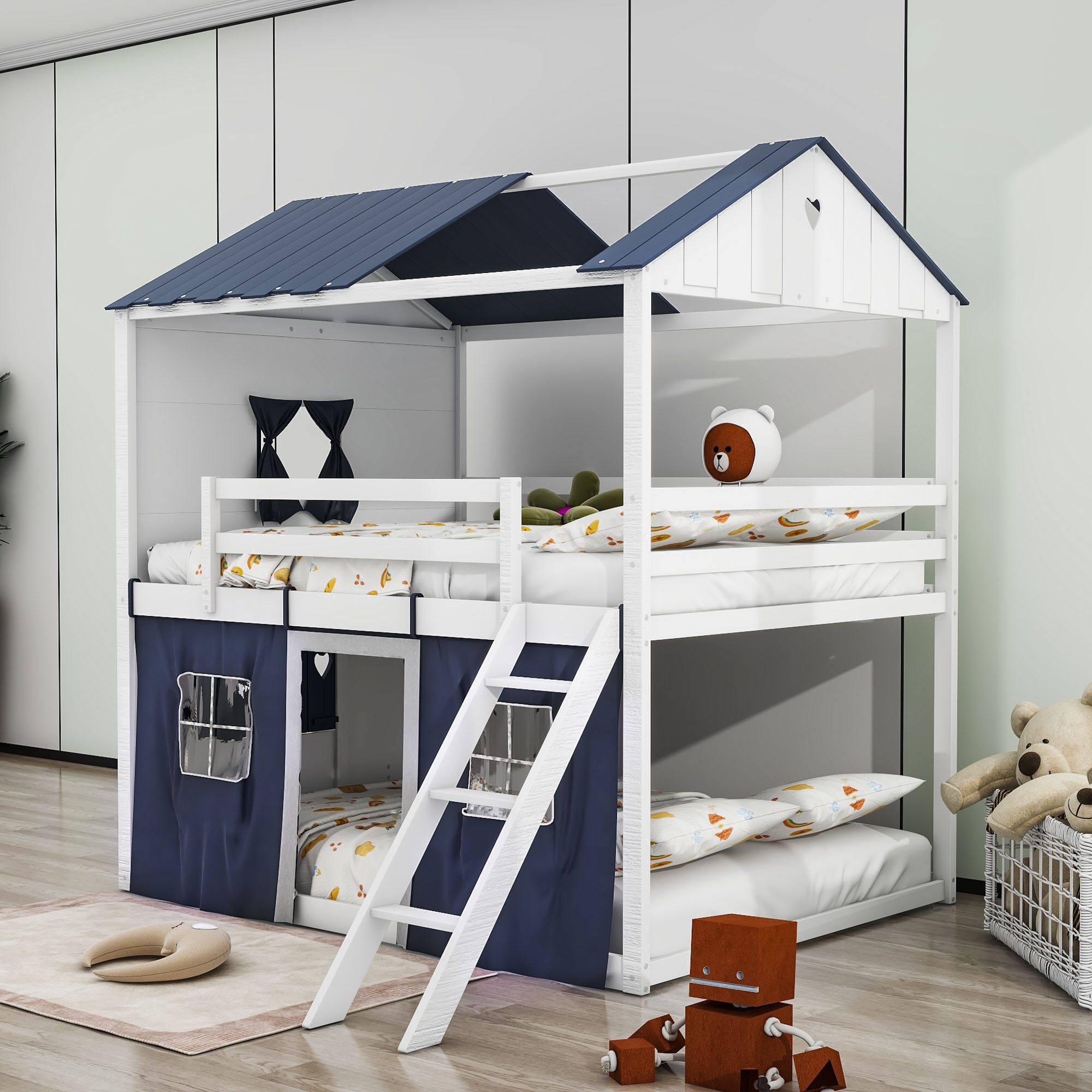 Harper Orchard Thorin Wood Bunk Bed with Tent and Windows | Wayfair