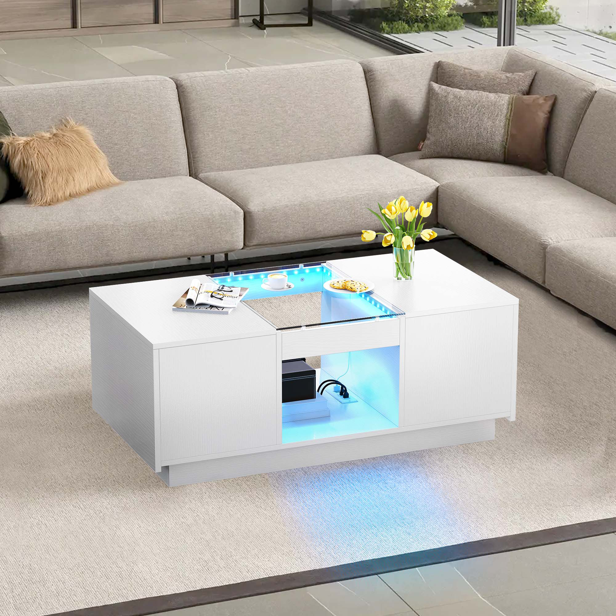 Wrought Studio™ LED Modern Coffee Table With 2 Tiers 2 Drawers Storage ...