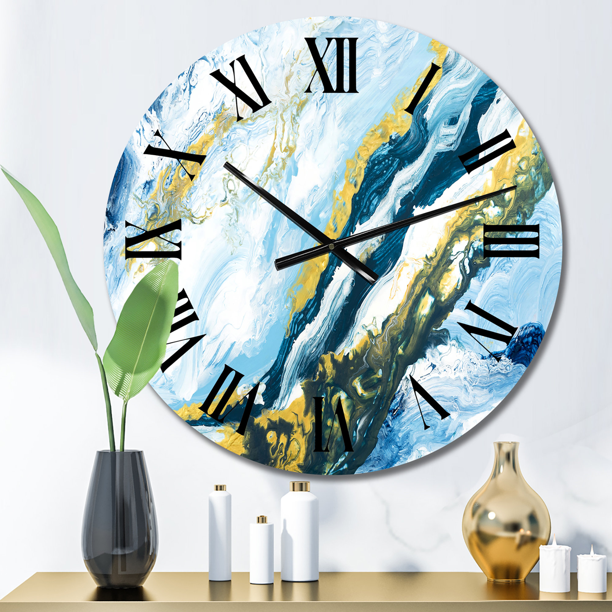 East Urban Home Blue with Gold Liquid Art - Modern Wall Clock | Wayfair