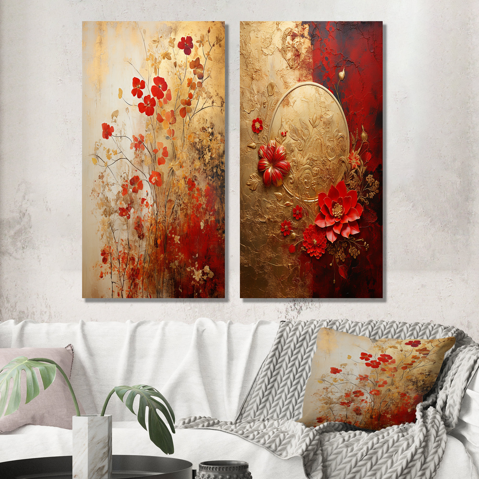 Lark Manor God And Red Floral Japanese Tiles II - Abstract Botanicals Metal Wall Art Prints Set ...
