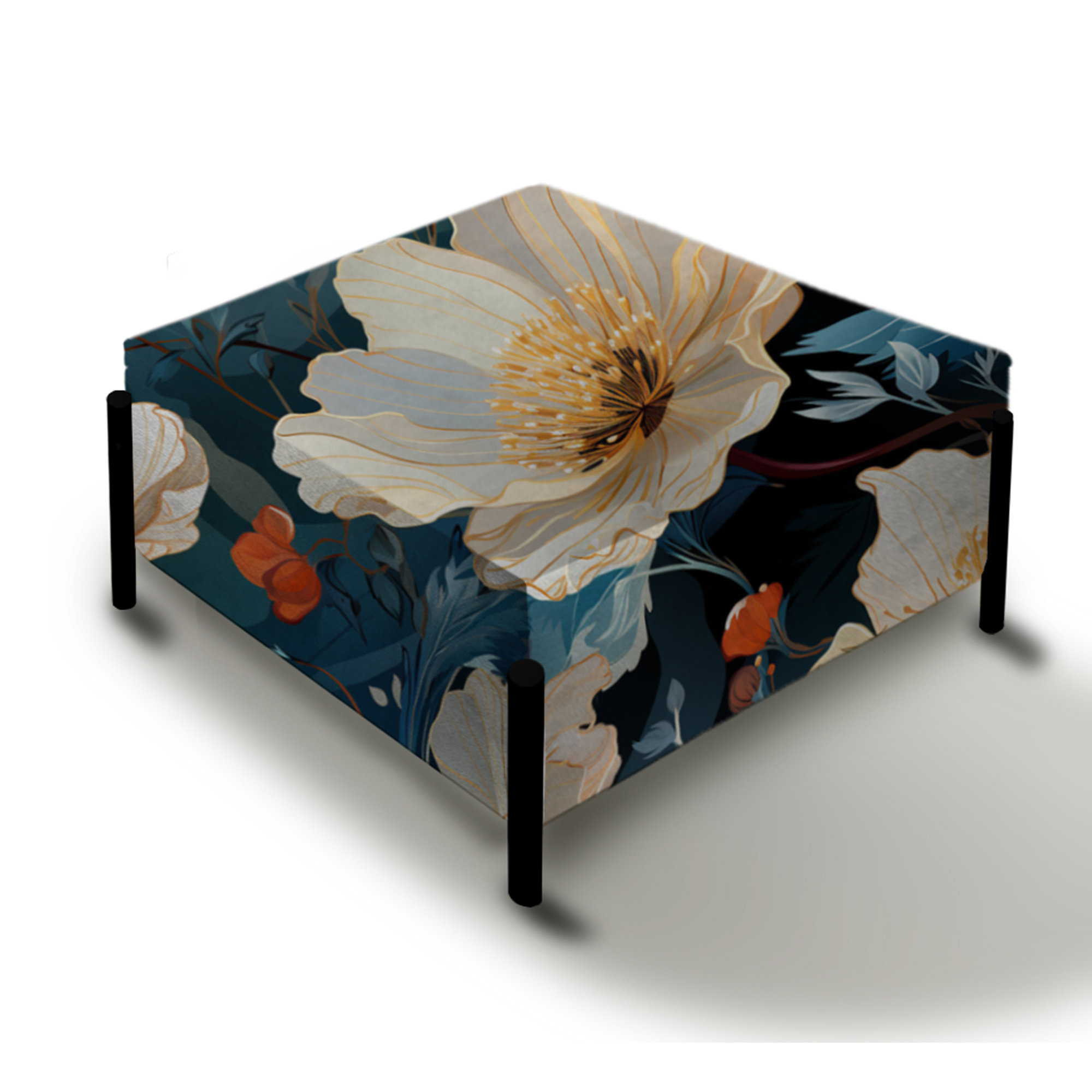 Design Art Elegant Blue Floral Pattern - Floral Large Square Ottoman ...