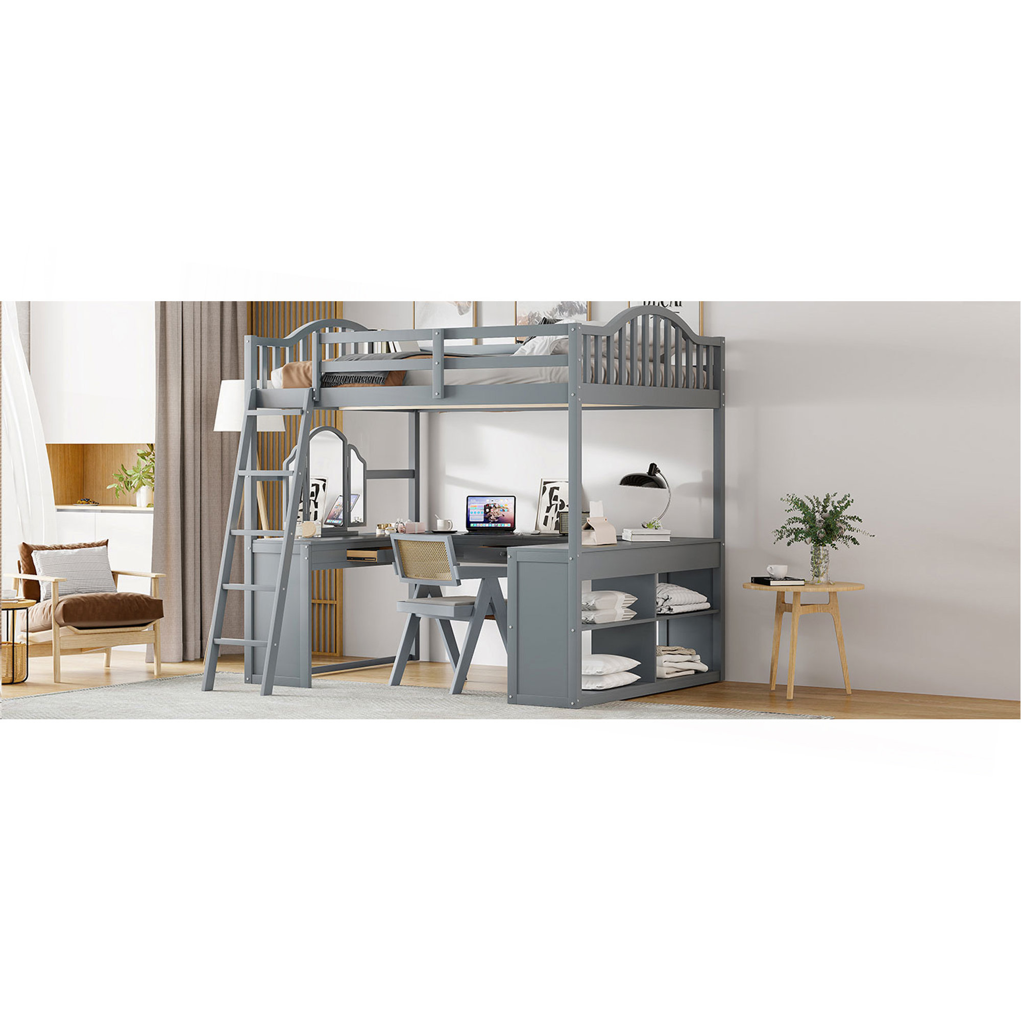 Latitude Run® Full Wooden Loft Bed With U-Shaped Desk | Wayfair