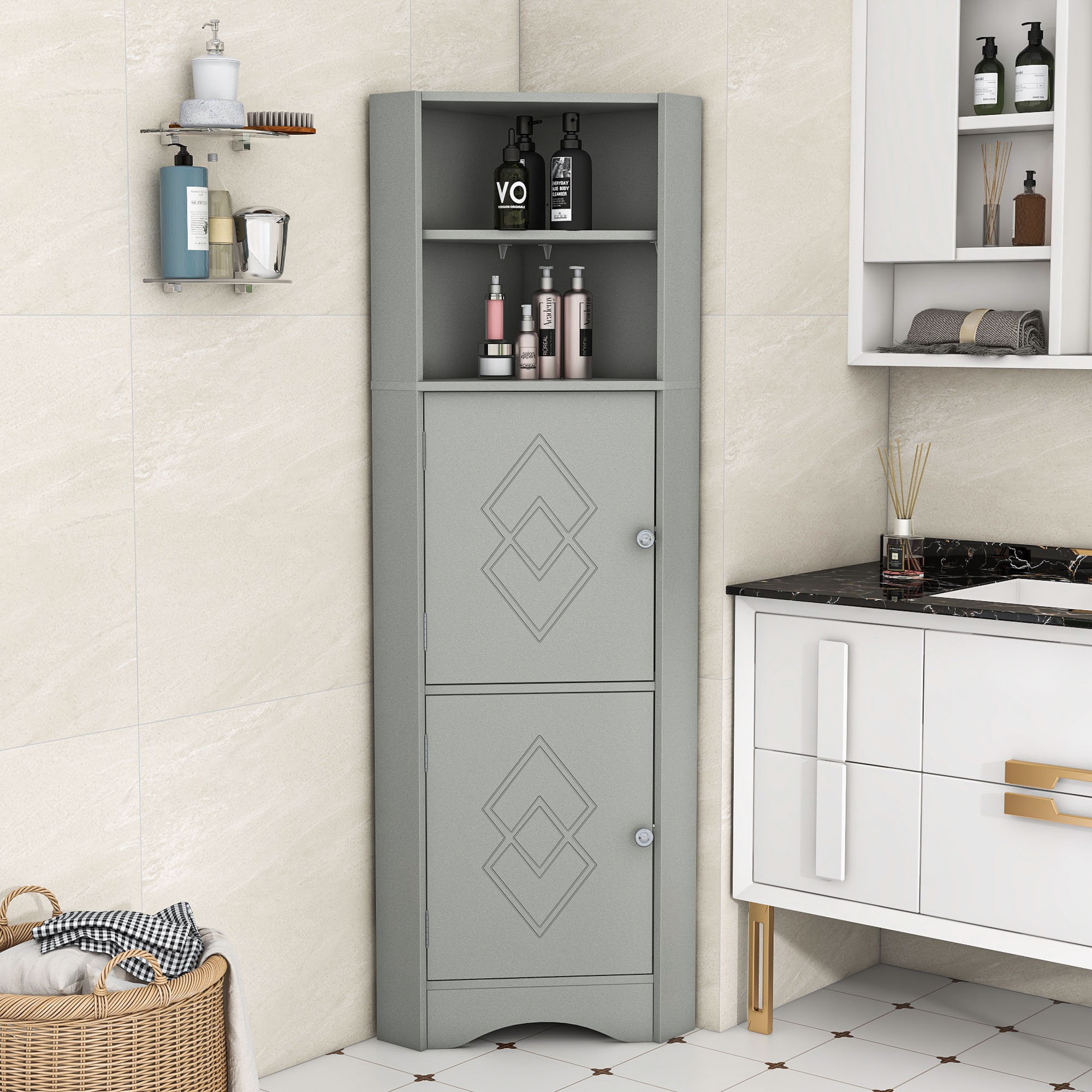 Lark Manor™ Tall Bathroom Corner Cabinet with Adjustable Shelves and 2 ...