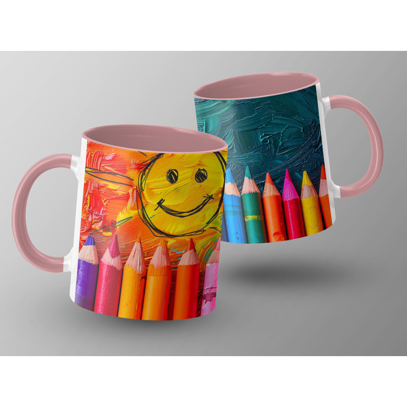 East Urban Home Kids Drawing Style 11oz Accent Mugs – White Ceramic ...
