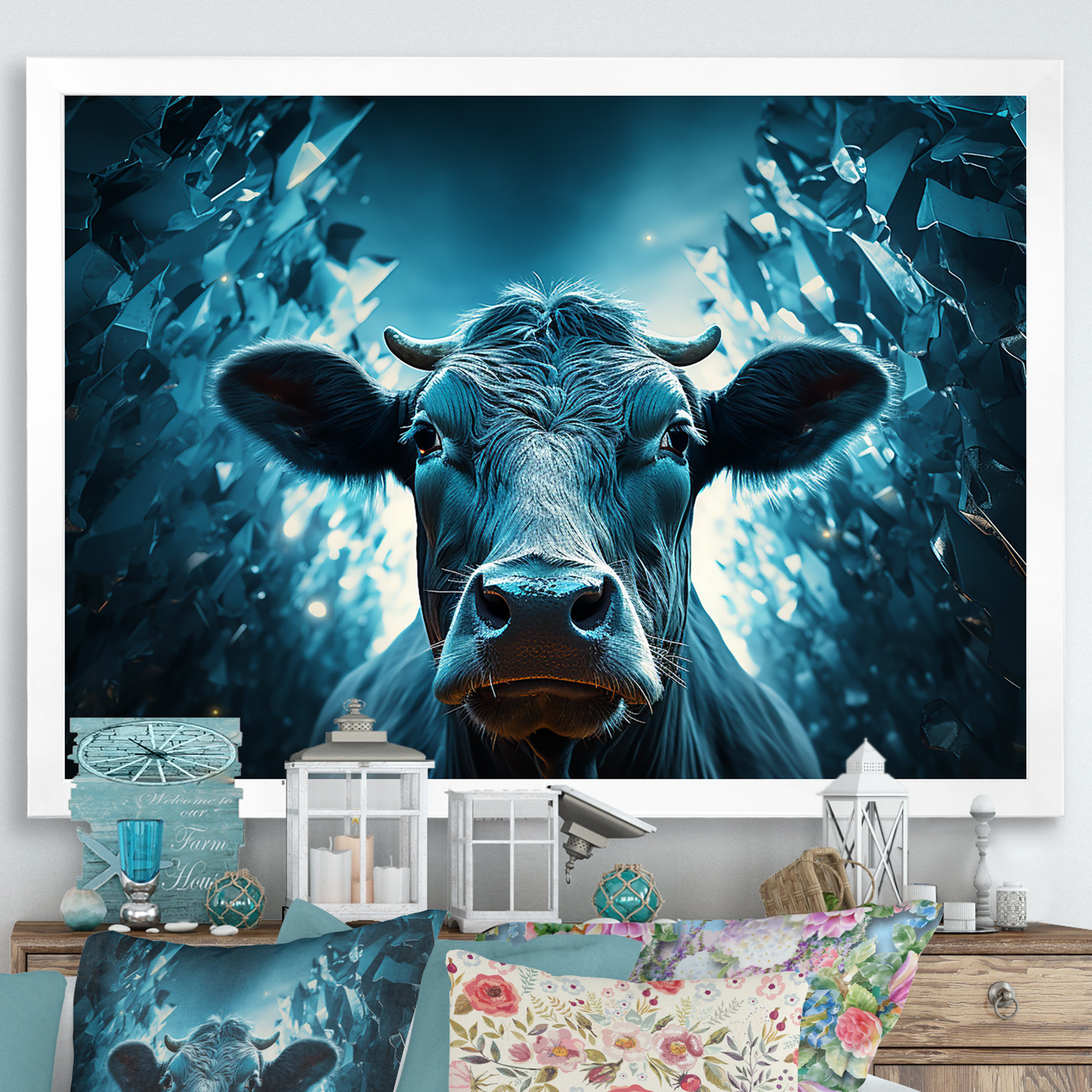 DesignArt Blue Cow Flow Portrait On Canvas Print | Wayfair
