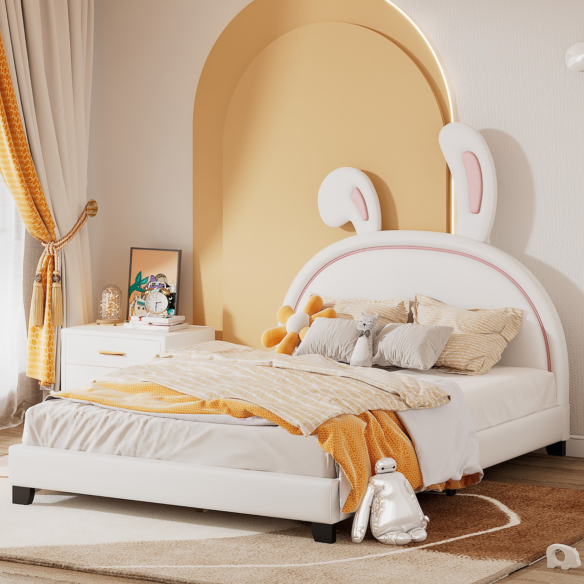 Zoomie Kids Aarolyn Upholstered Leather Platform Bed with Rabbit ...