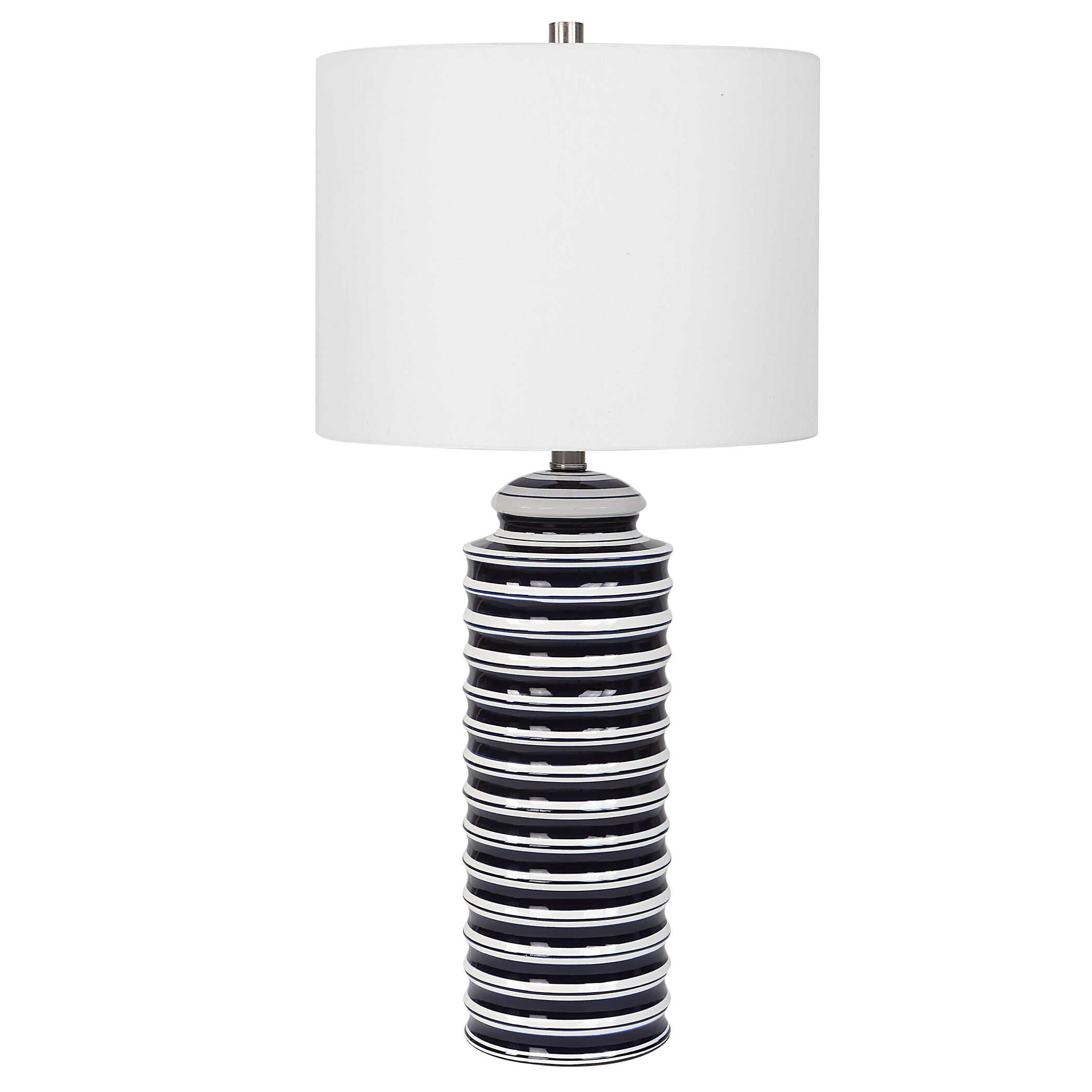 Uttermost Navy & Gloss White Ribbed Ceramic Table Lamp with Brushed Nickel Accents & White Linen ...