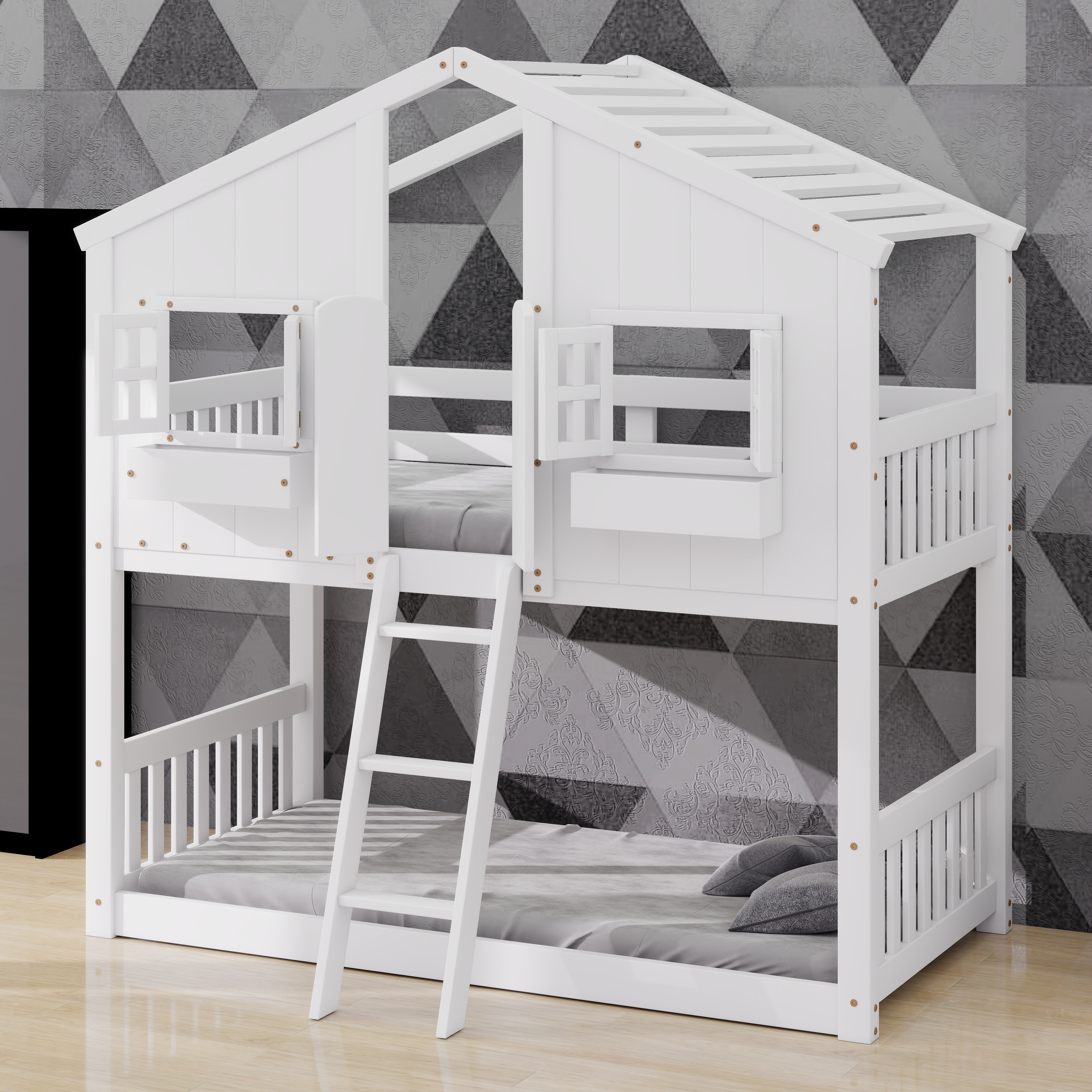 Ebern Designs House Bunk Bed With Roof , Window, Window Box, Door ...