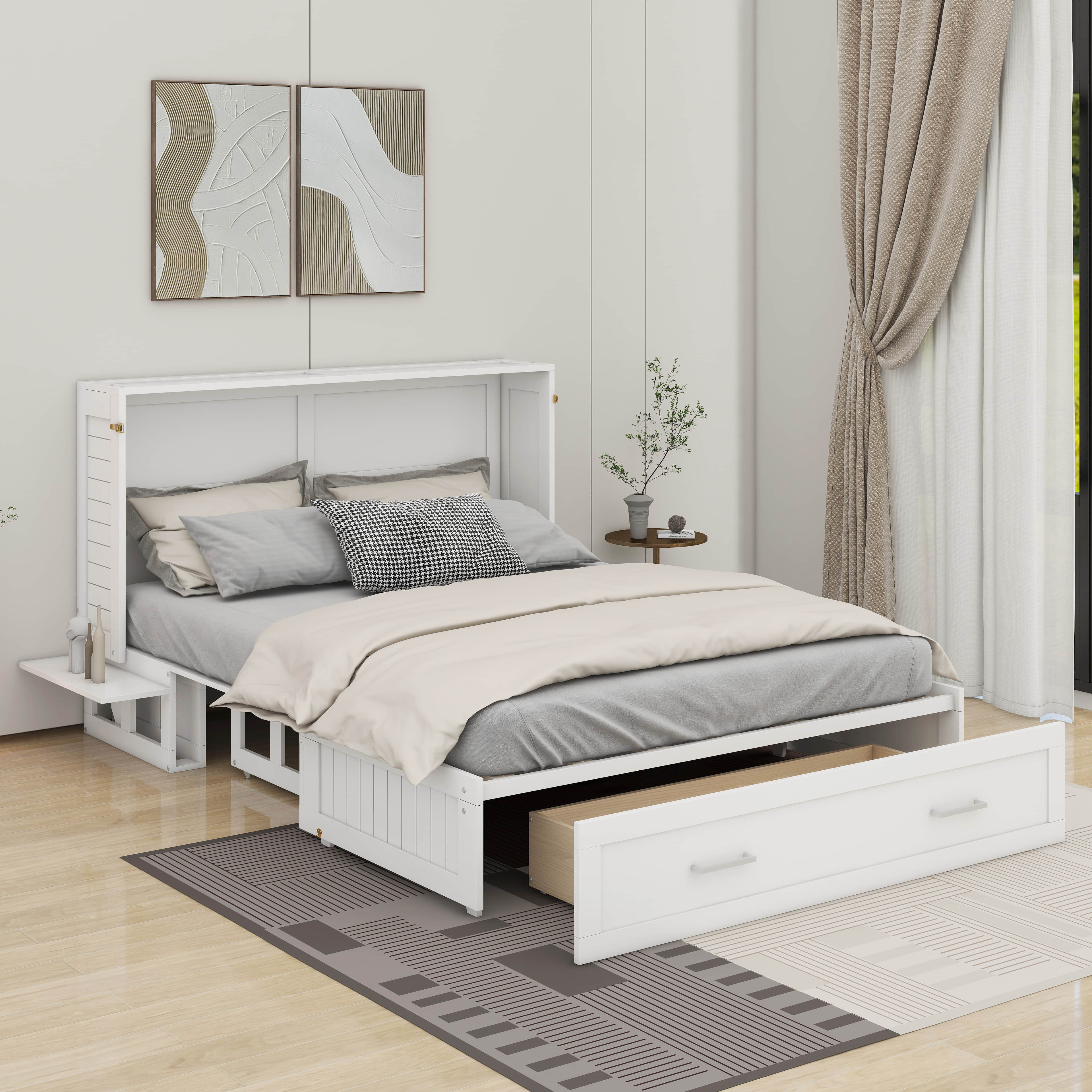 Lark Manor™ Queen Size Mobile Murphy Bed With Drawer And Shelves | Wayfair
