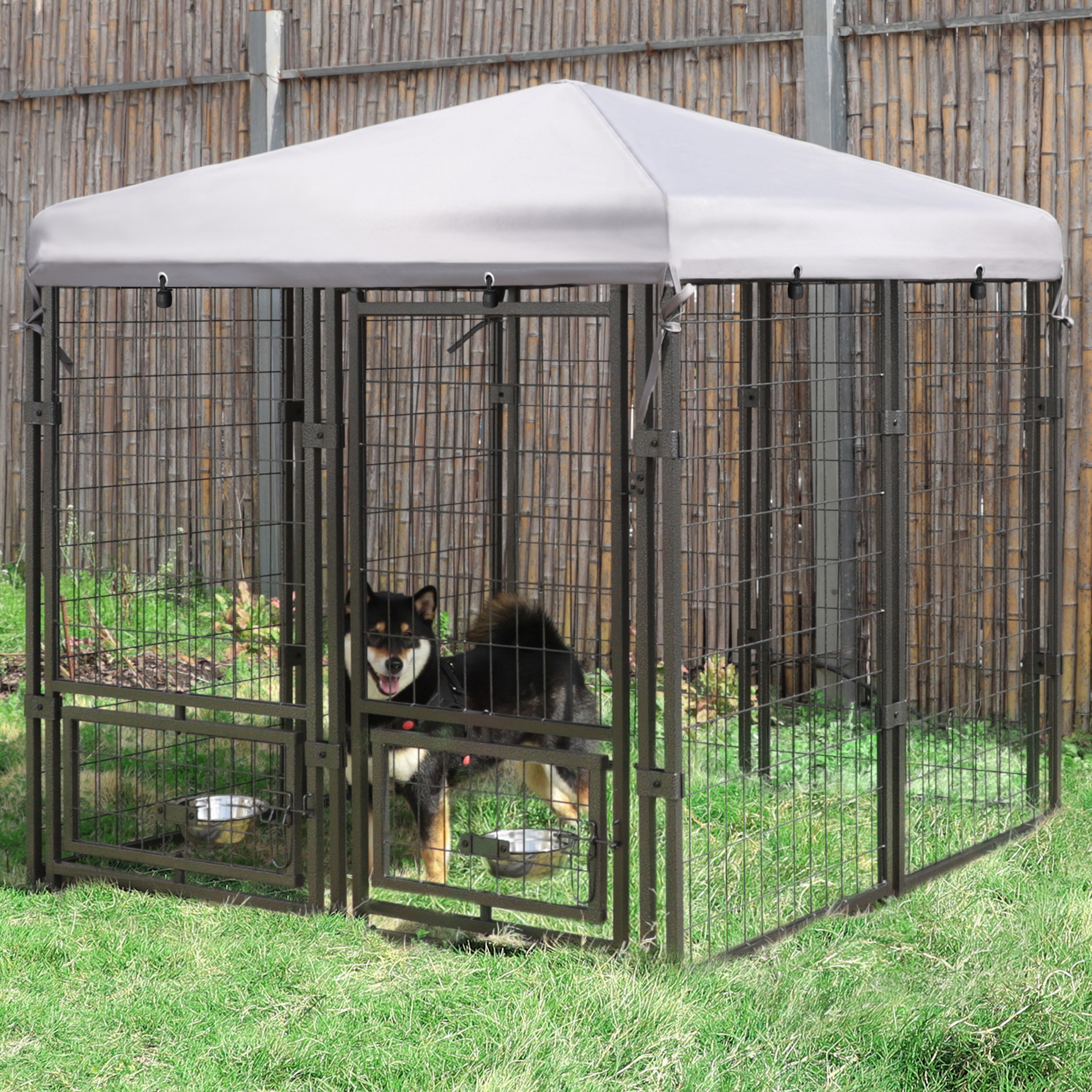 Veikous Outdoor Dog Kennel with Rotating Feeding Door, Stainless Bowls ...