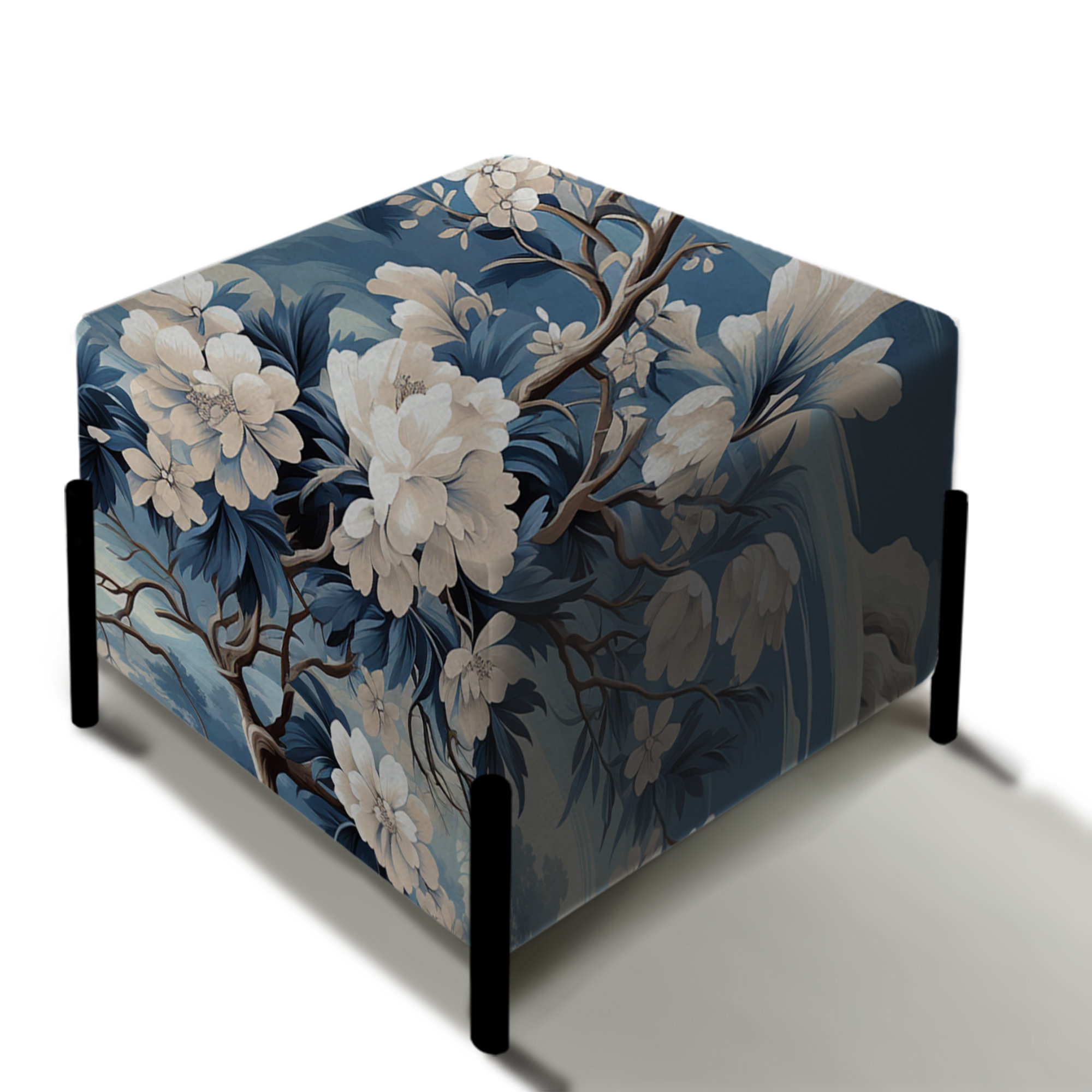 Design Art Vintage Toile Blue Floral Landscape - Floral Square Ottoman ...