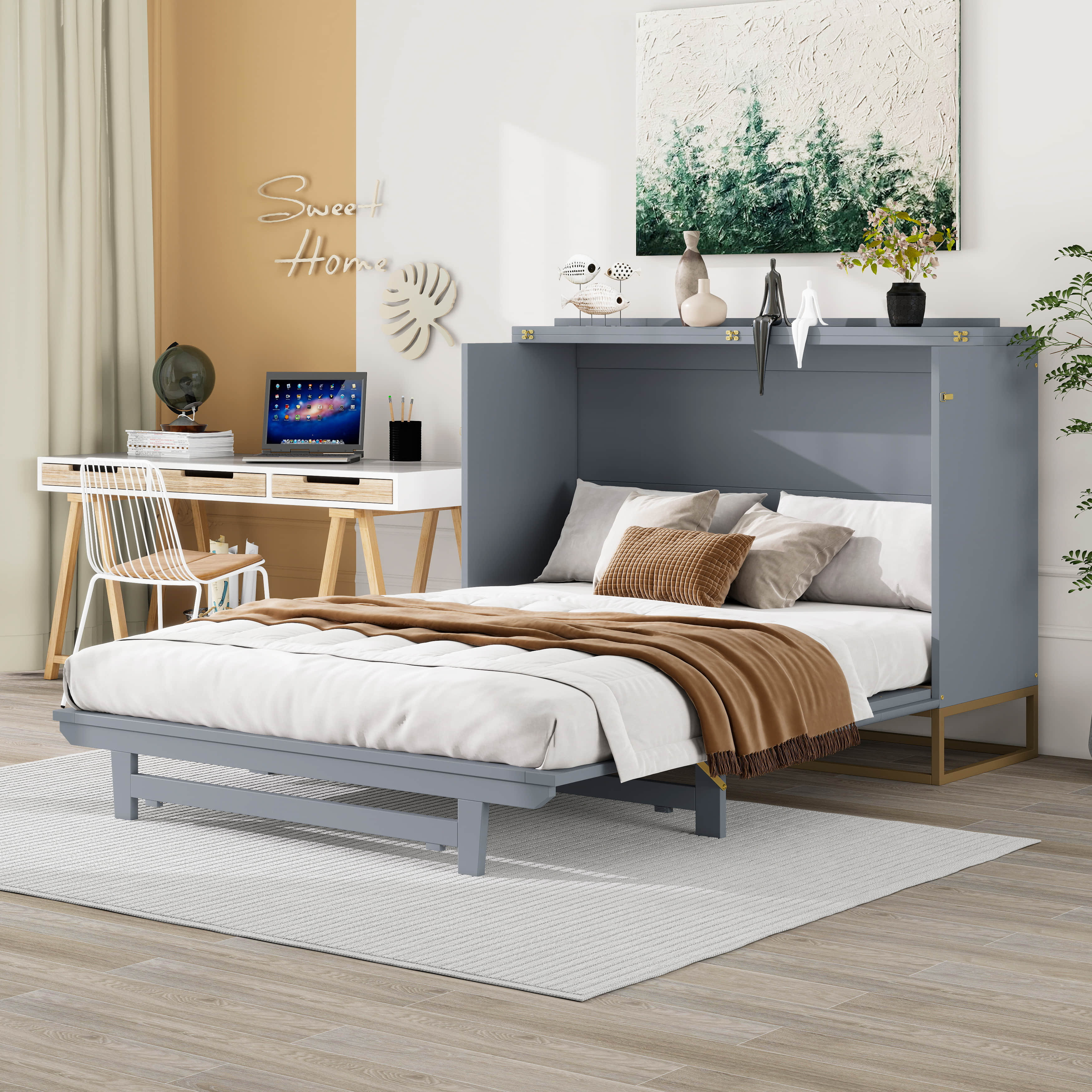 Winston Porter Queen Size Wood Murphy Bed With Frosted Glass Doors Design And Fake Drawers ...