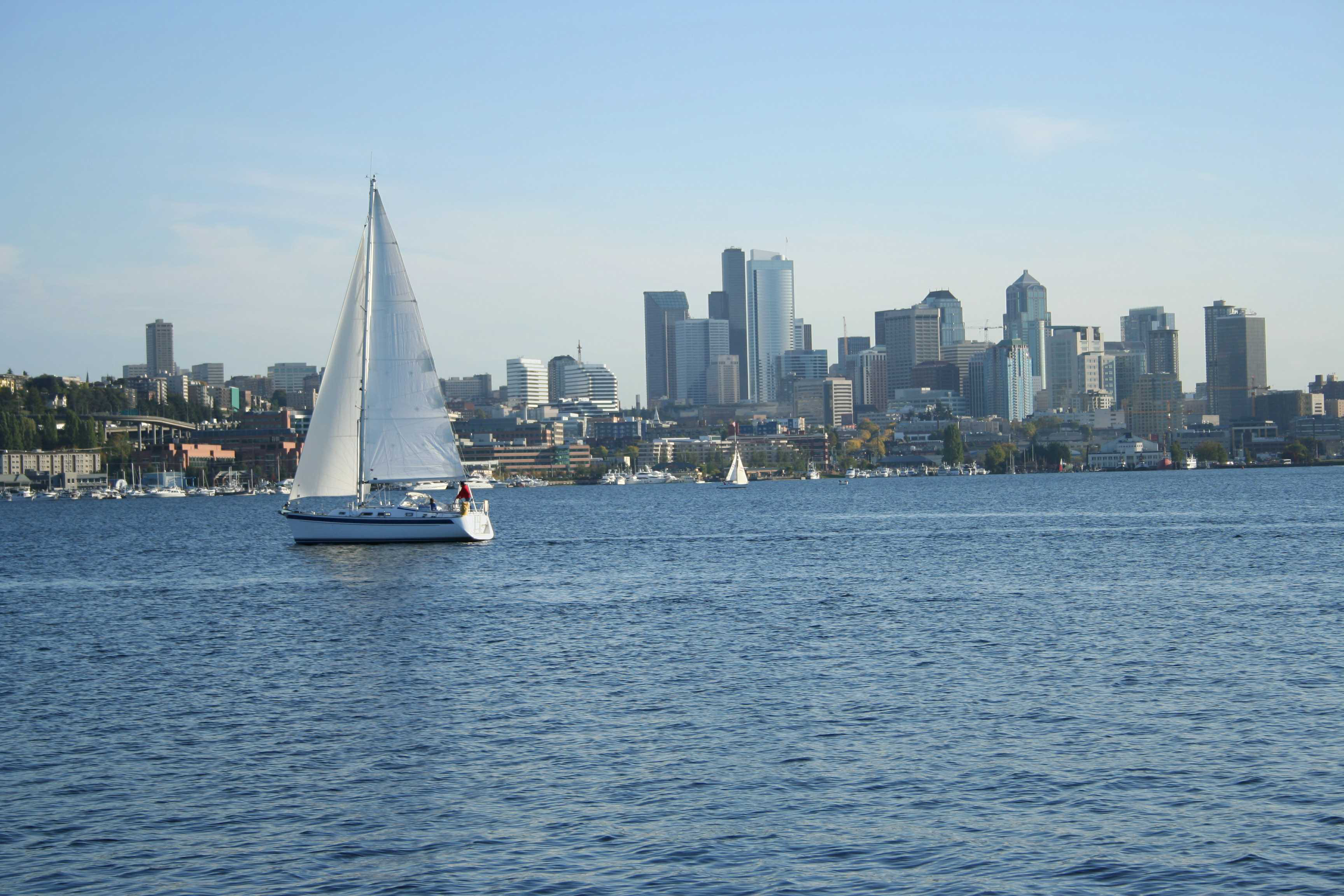 Breakwater Bay Sailing Boat with Seattle Skyline - Wrapped Canvas ...