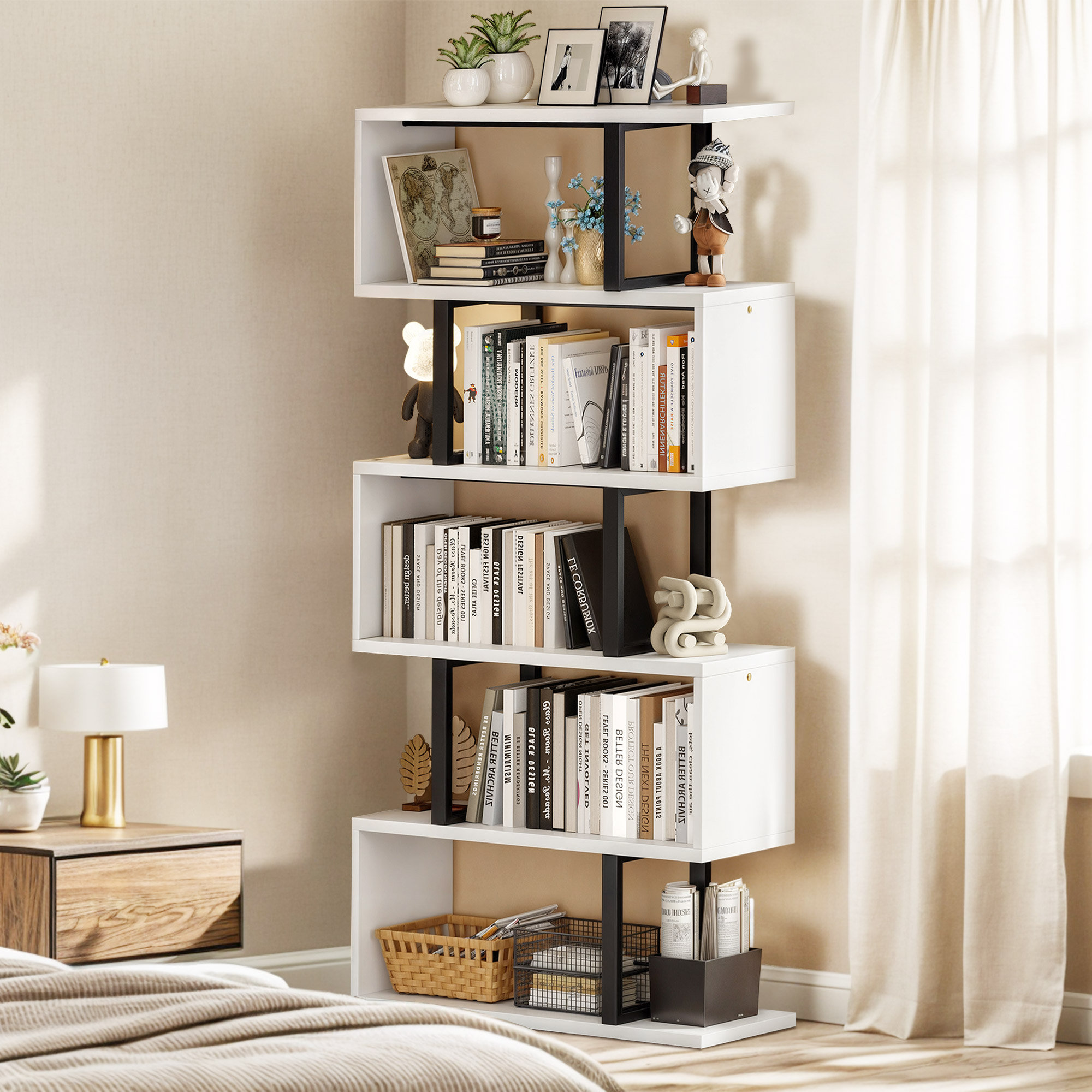 Wrought Studio Aniya 6 Tier Geometric Bookcase, 70.5'' H Bookshelf with ...