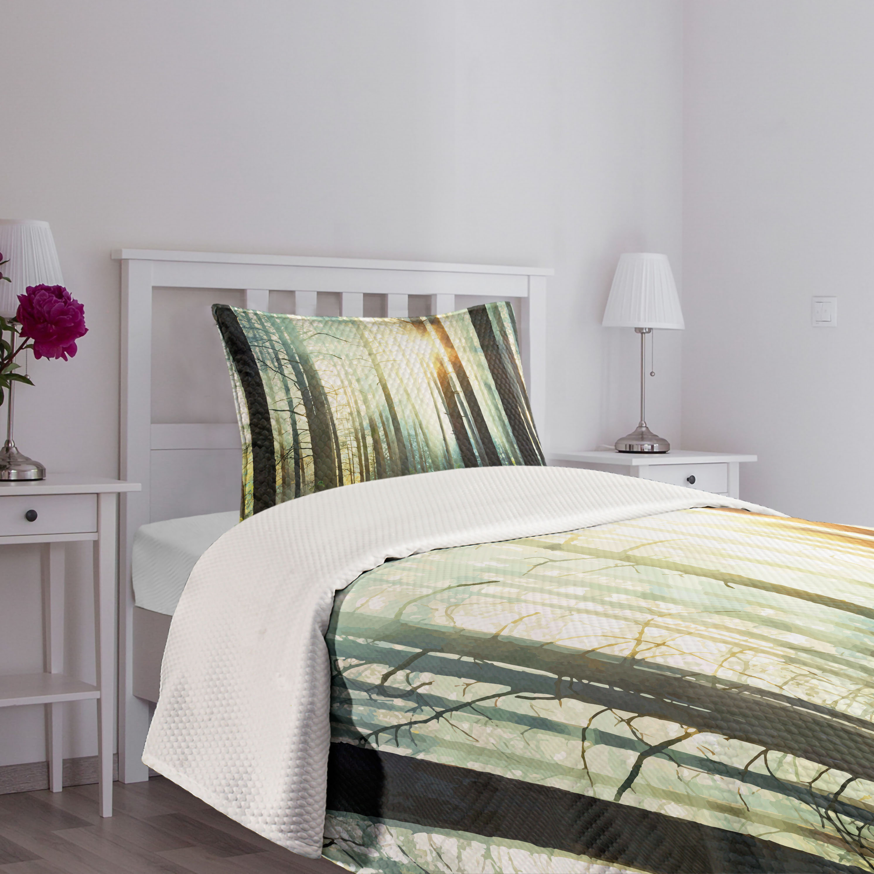 Ambesonne Nature Bedspread Set Foggy Forest Woods Seafoam Dark Brown ...