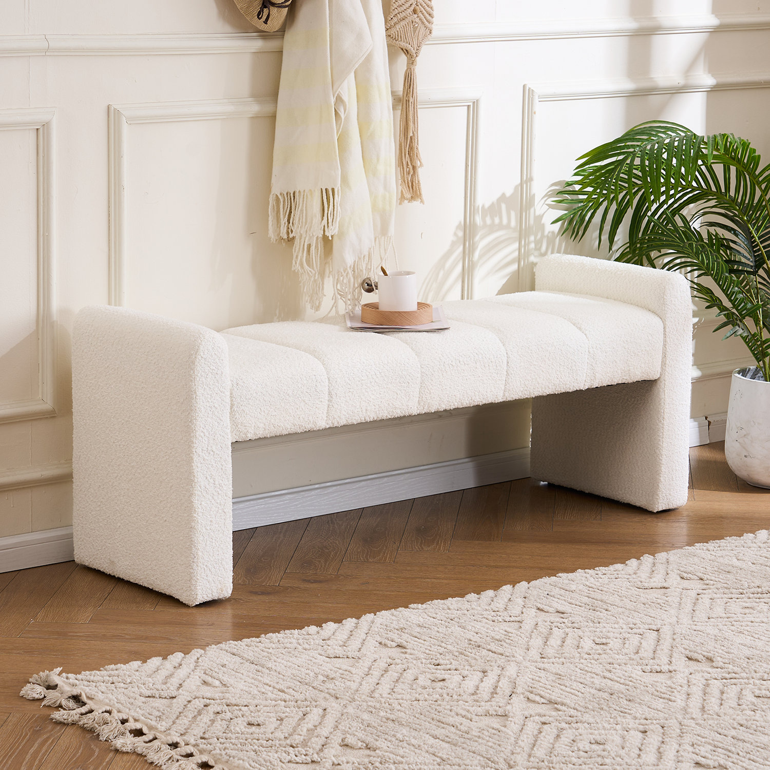 Wrought Studio™ Laytona 54" Boucle Upholstered Bench with Arm and ...