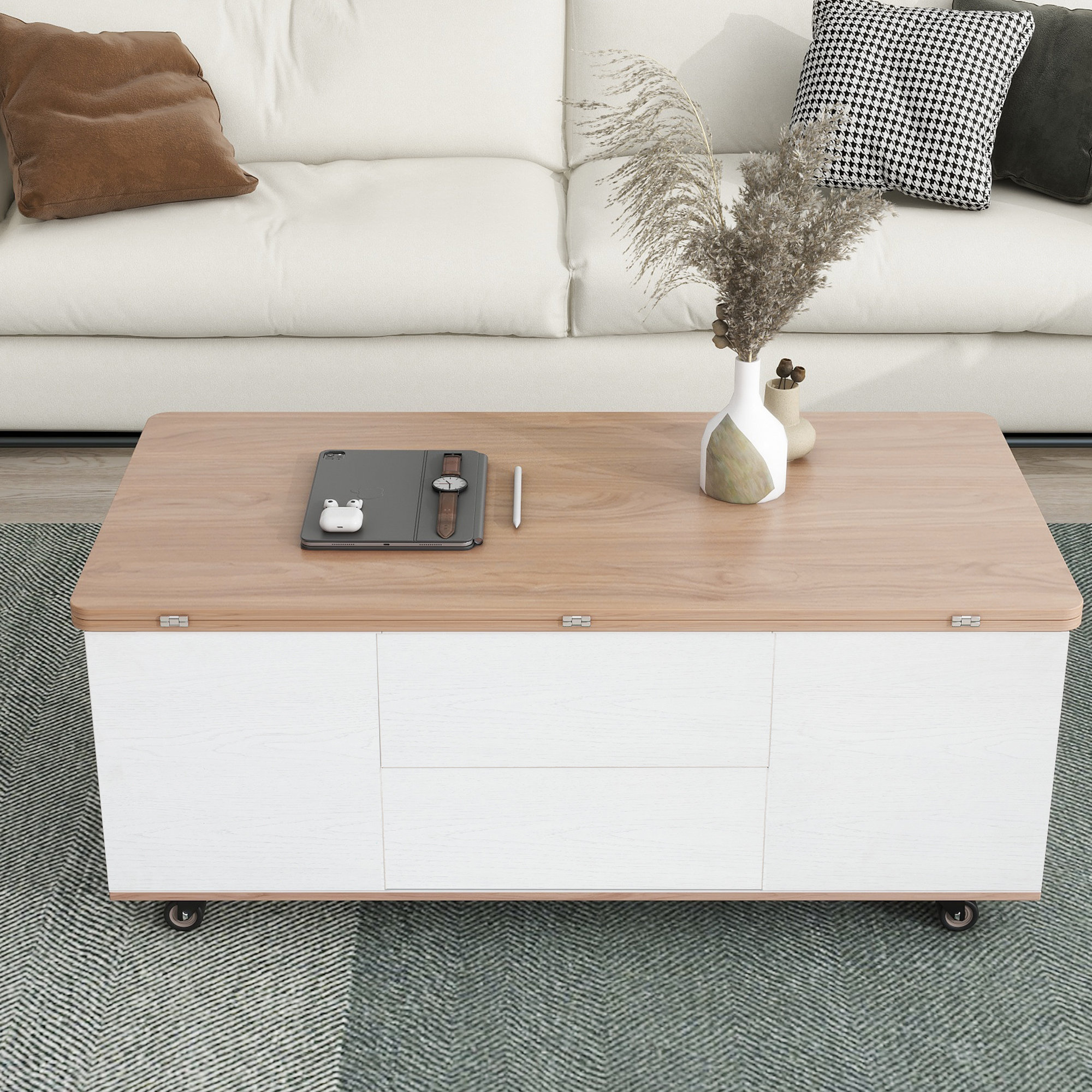 Latitude Run® Modern Walnut & White Lift Top Coffee Table ...