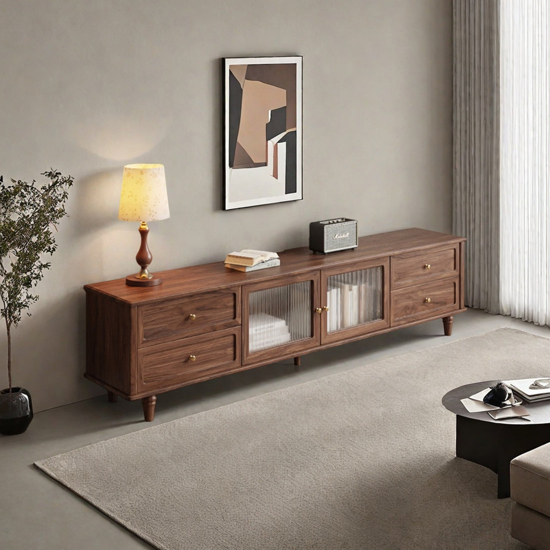 AWORET Walnut Wood TV Stand with Ribbed Glass Cabinet | Wayfair