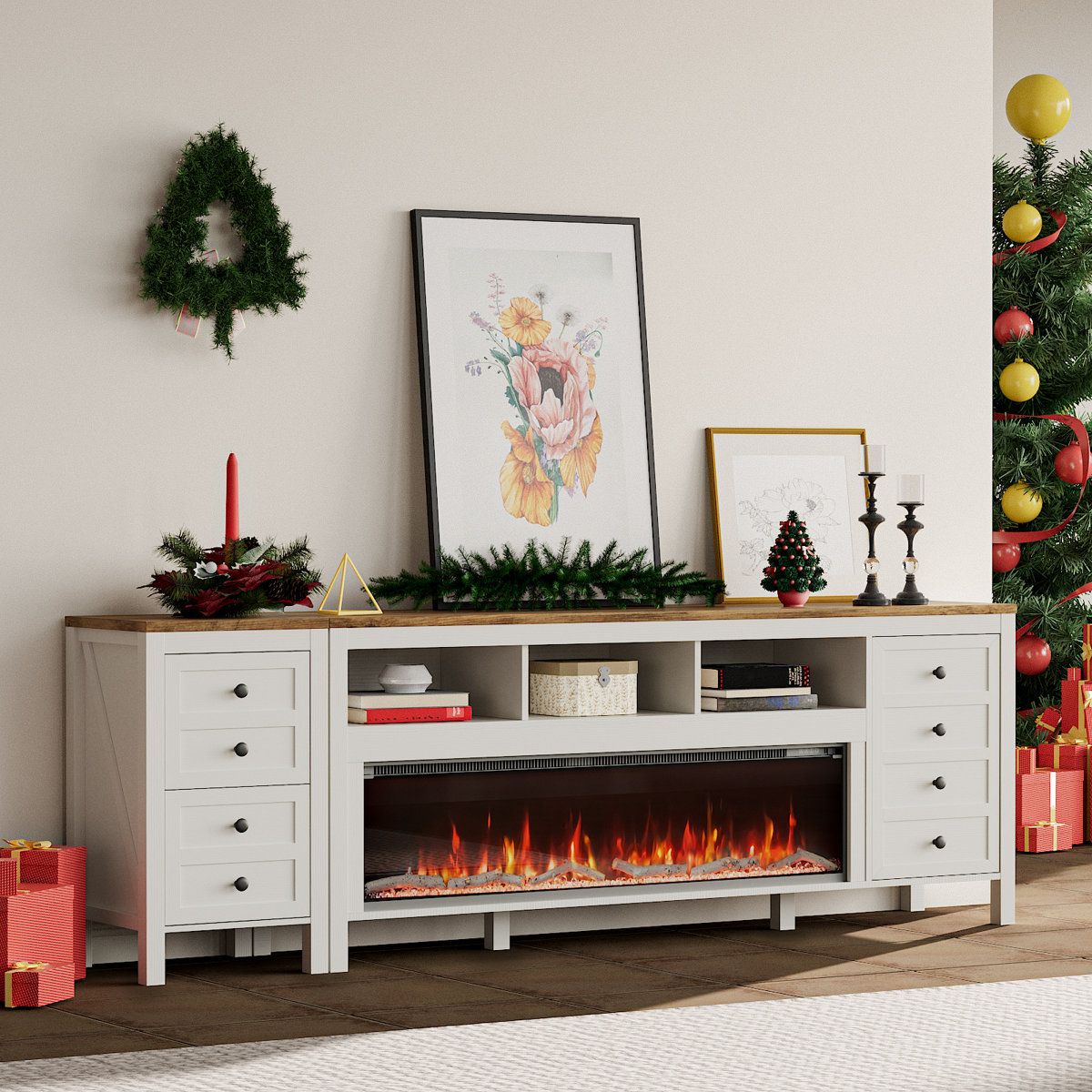 Gracie Oaks 83 Inch Fireplace Tv Stand For Tvs Up To 95 Inch,Farmhouse ...