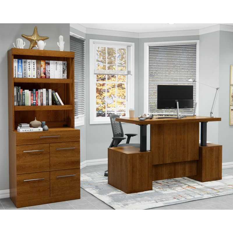 Hokku Designs Juny Sit-Stand Storage Desk with File Drawer Bookcase ...