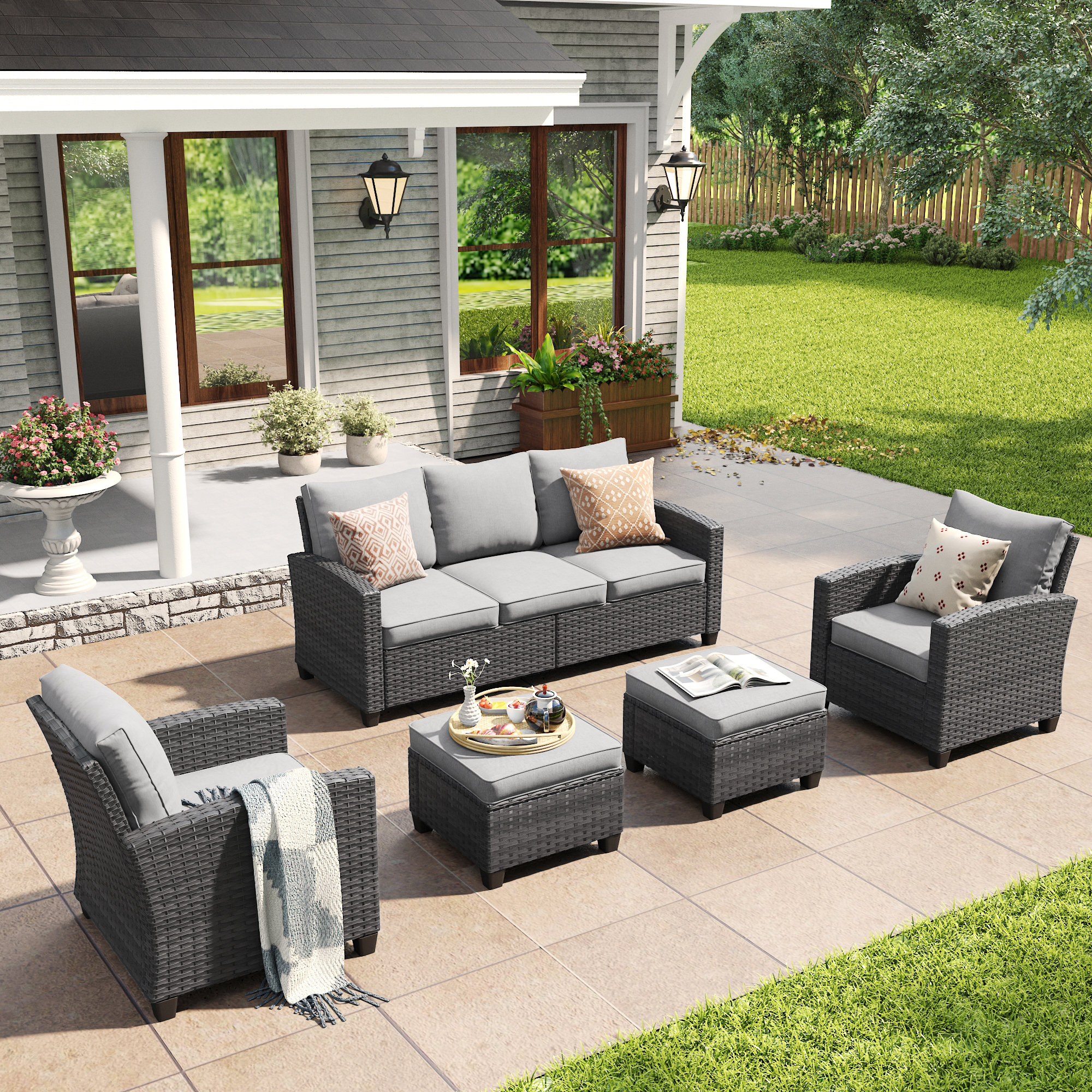 Lark Manor™ 5 Seats Wicker Patio Conversation Set with Cushions ...