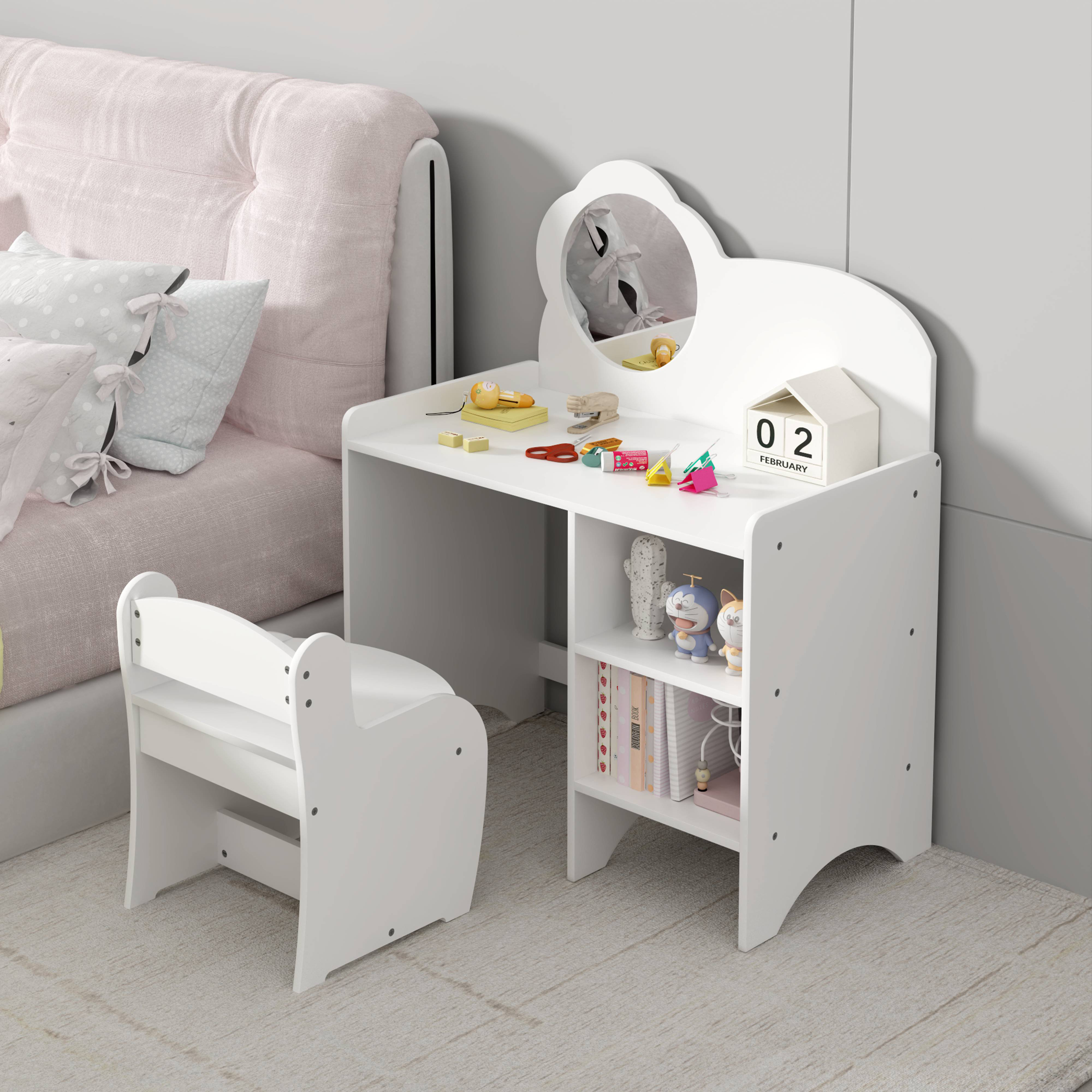 Mercer41 Kids Vanity Table With Mirror And Chair, Wooden Children's ...