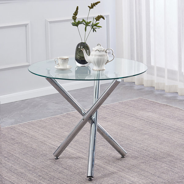 Wrought Studio™ Round Glass Dining Table With 3 Chrome Legs And Clear ...