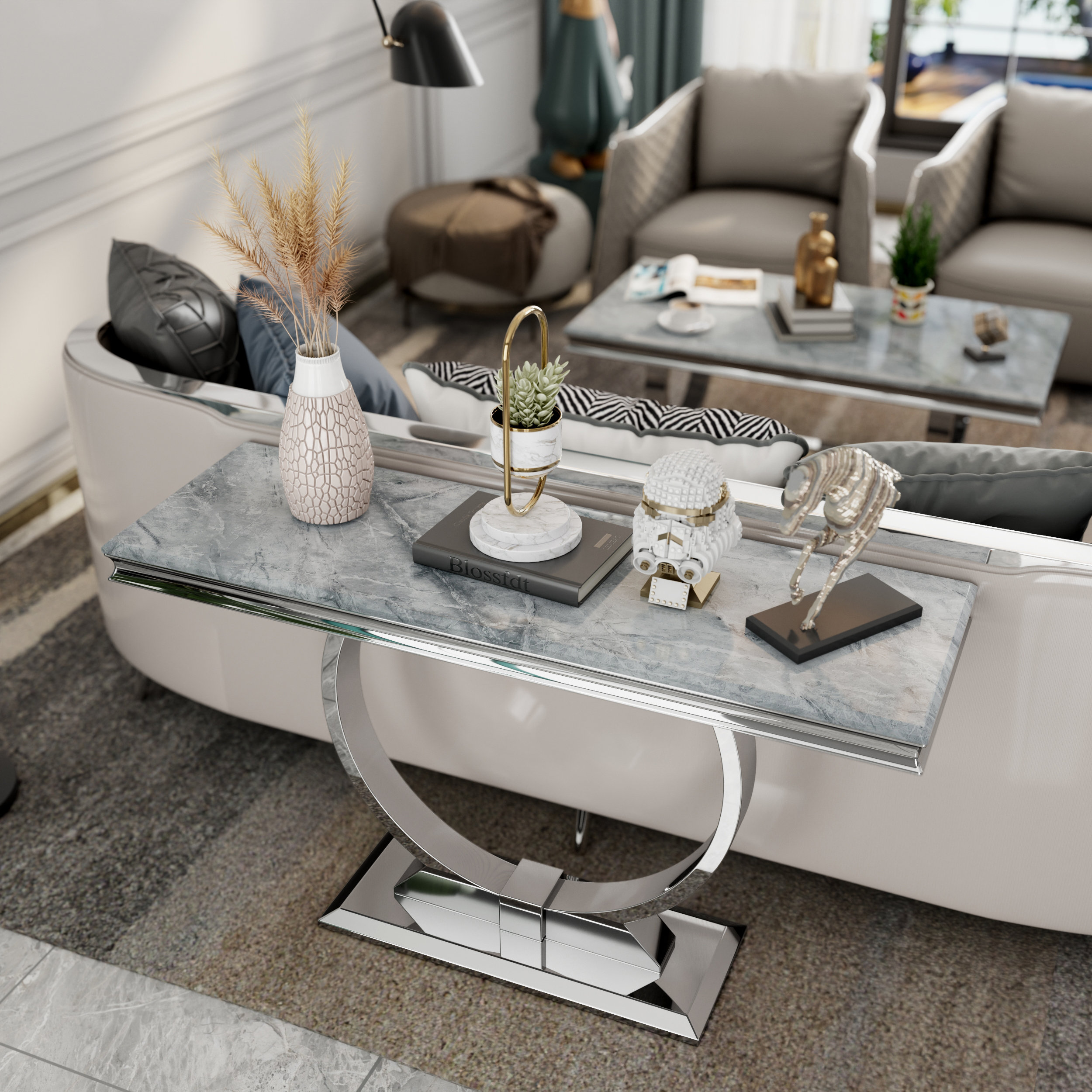 Everly Quinn Luxury Console Table With Metal U Base And Gloss Texture ...