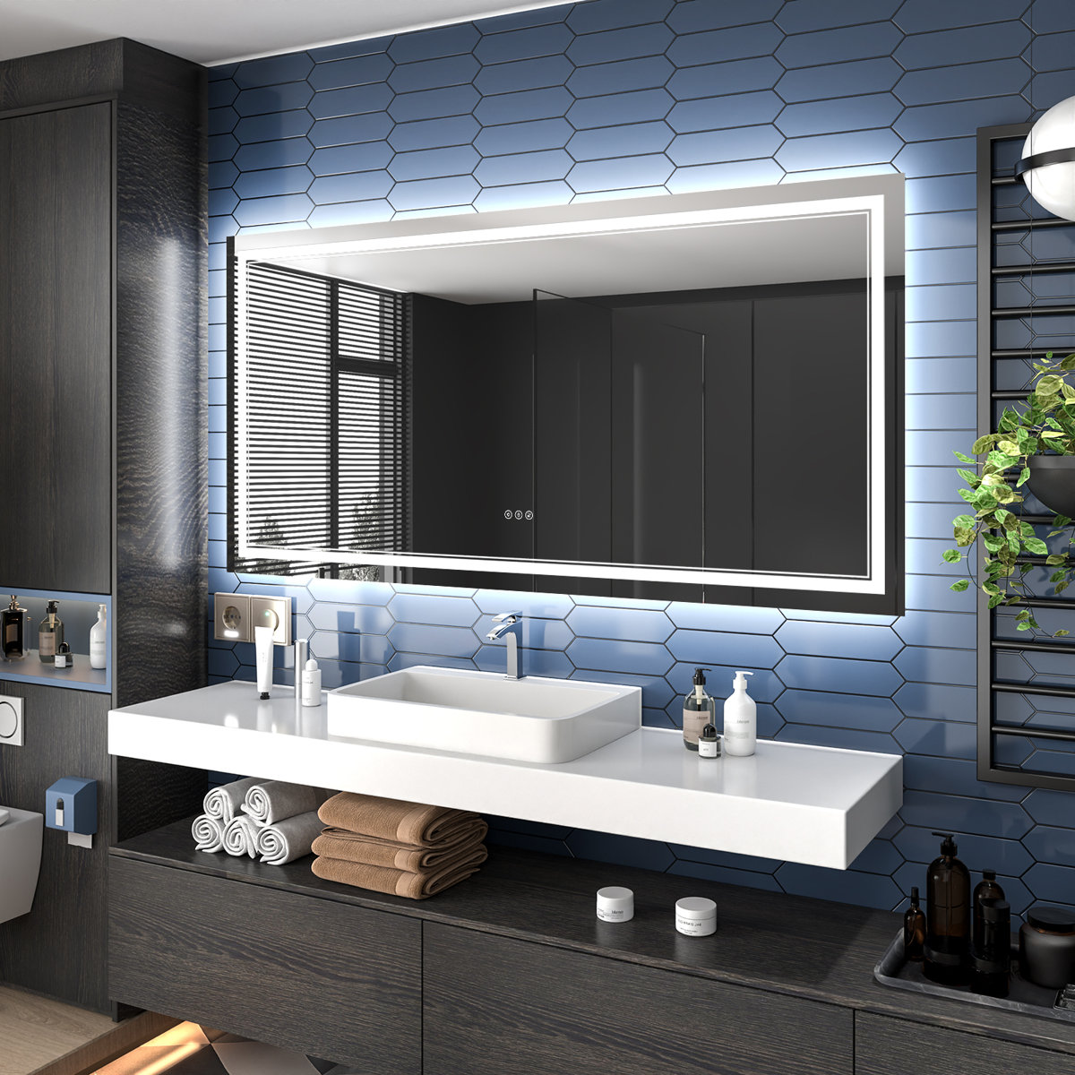 Orren Ellis Zheljo Frameless Oversized Lighted Bathroom Mirror Vanity ...