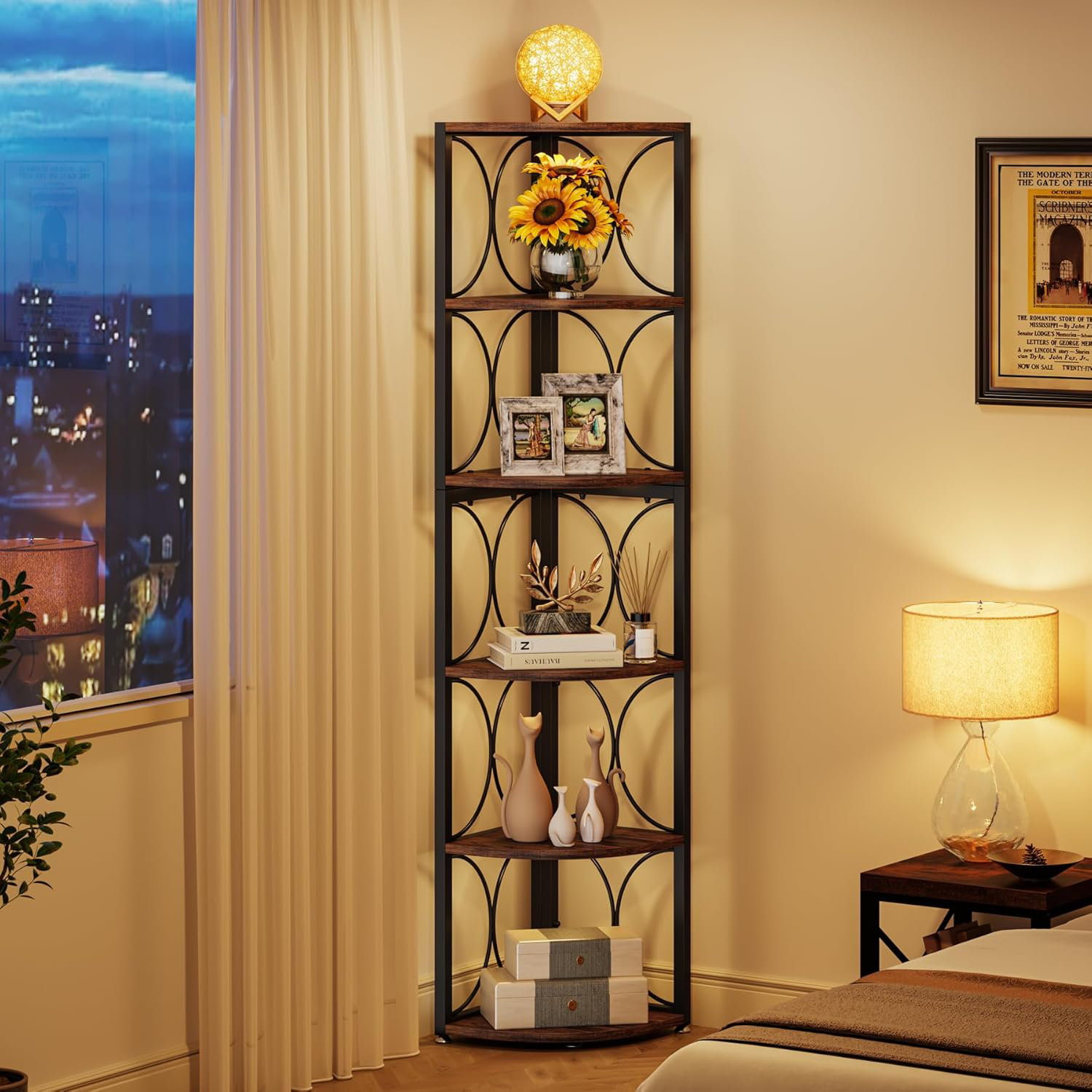 17 Stories 67 Inch Tall Corner Shelf 6 Tier Rustic Corner Bookshelf ...