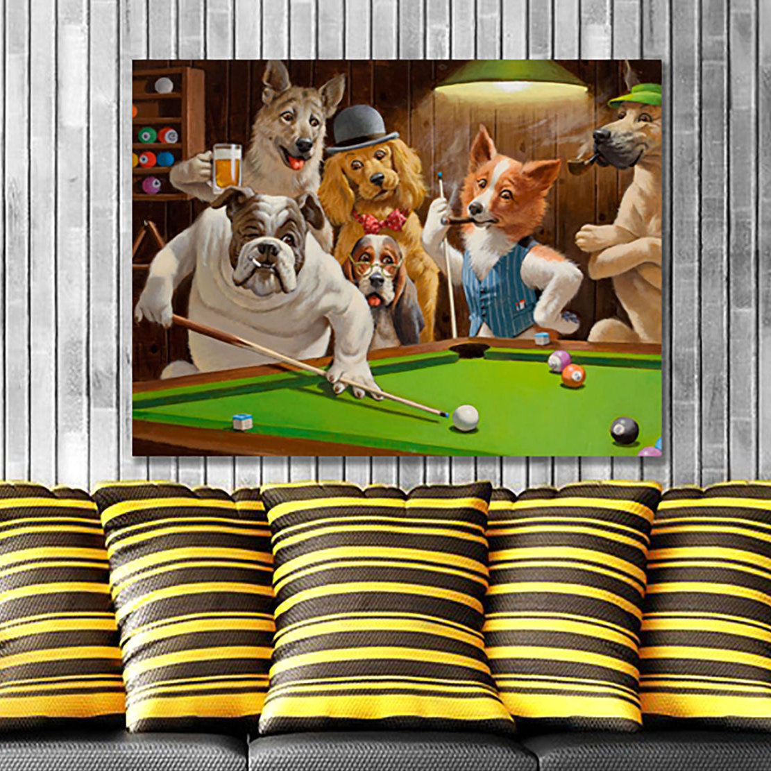 dogs around pool table