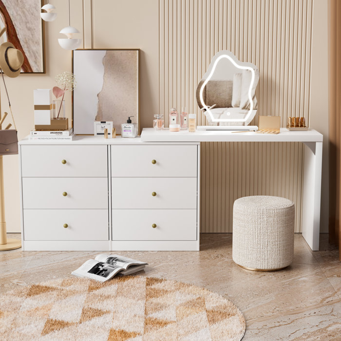 Latitude Run® Latarius Vanity Desk with Lighted Mirror, Extendable ...