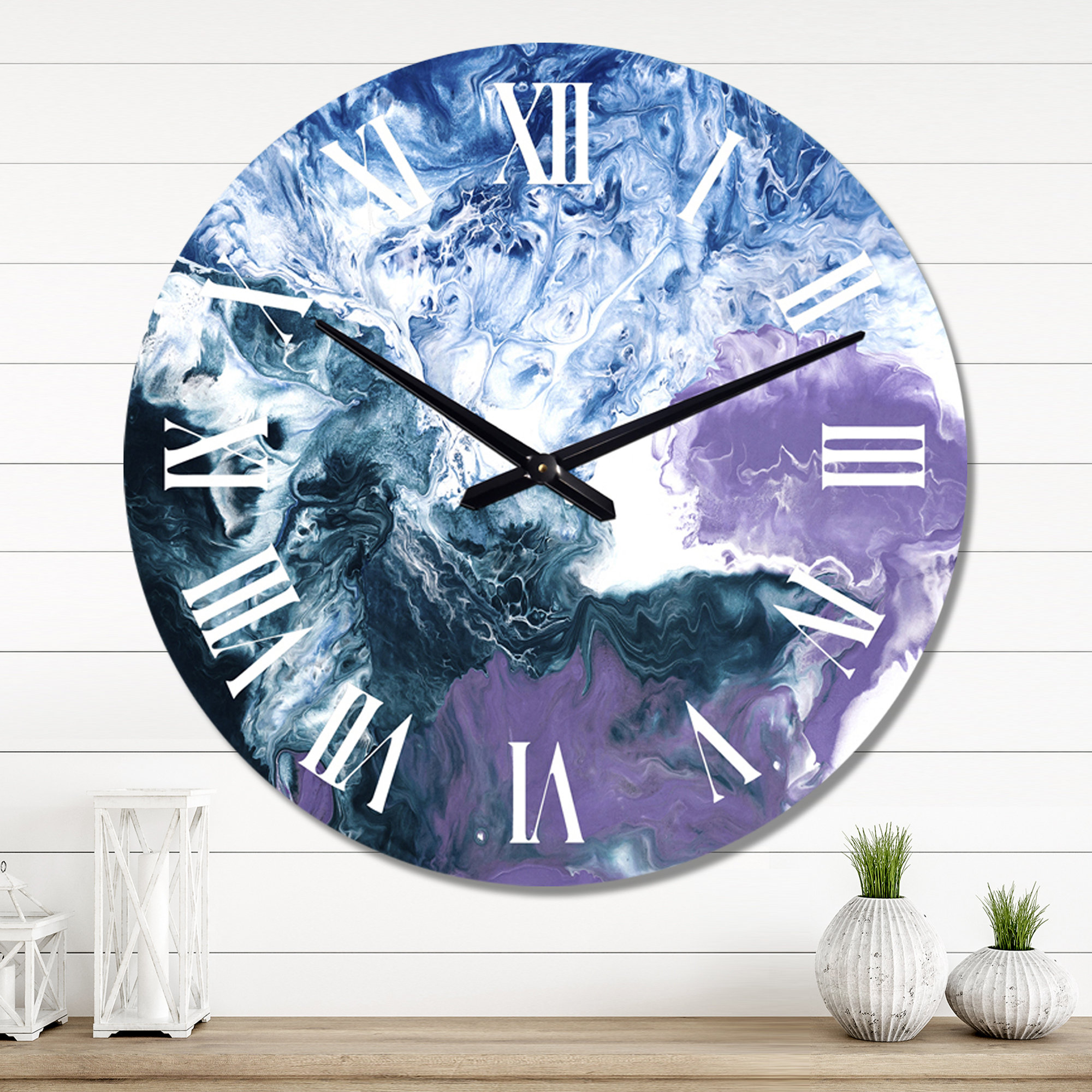 East Urban Home Blue and Violet Liquid Marble Art - Modern Wall Clock ...