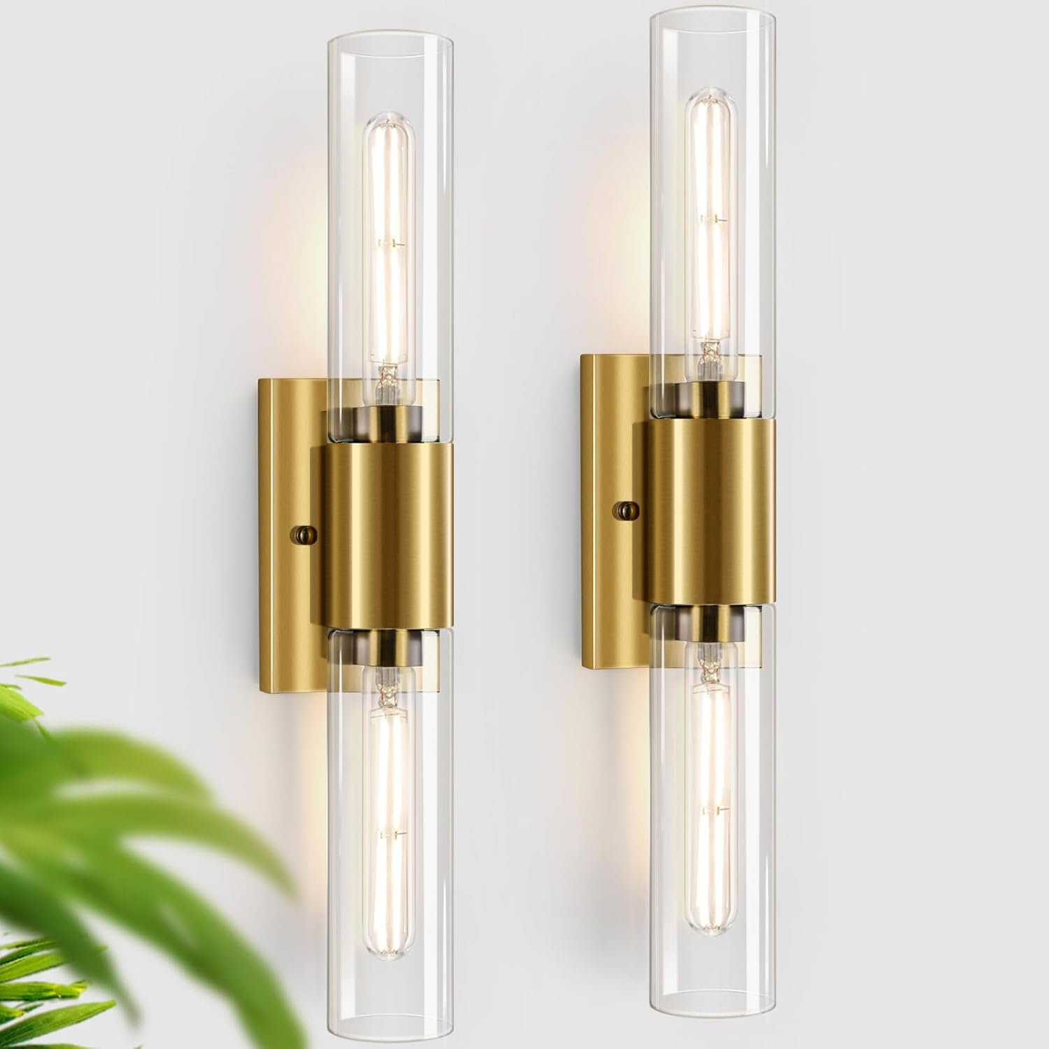 Mercer41 Modern Gold Wall Sconces Set Of 2 With Clear Glass Shades ...