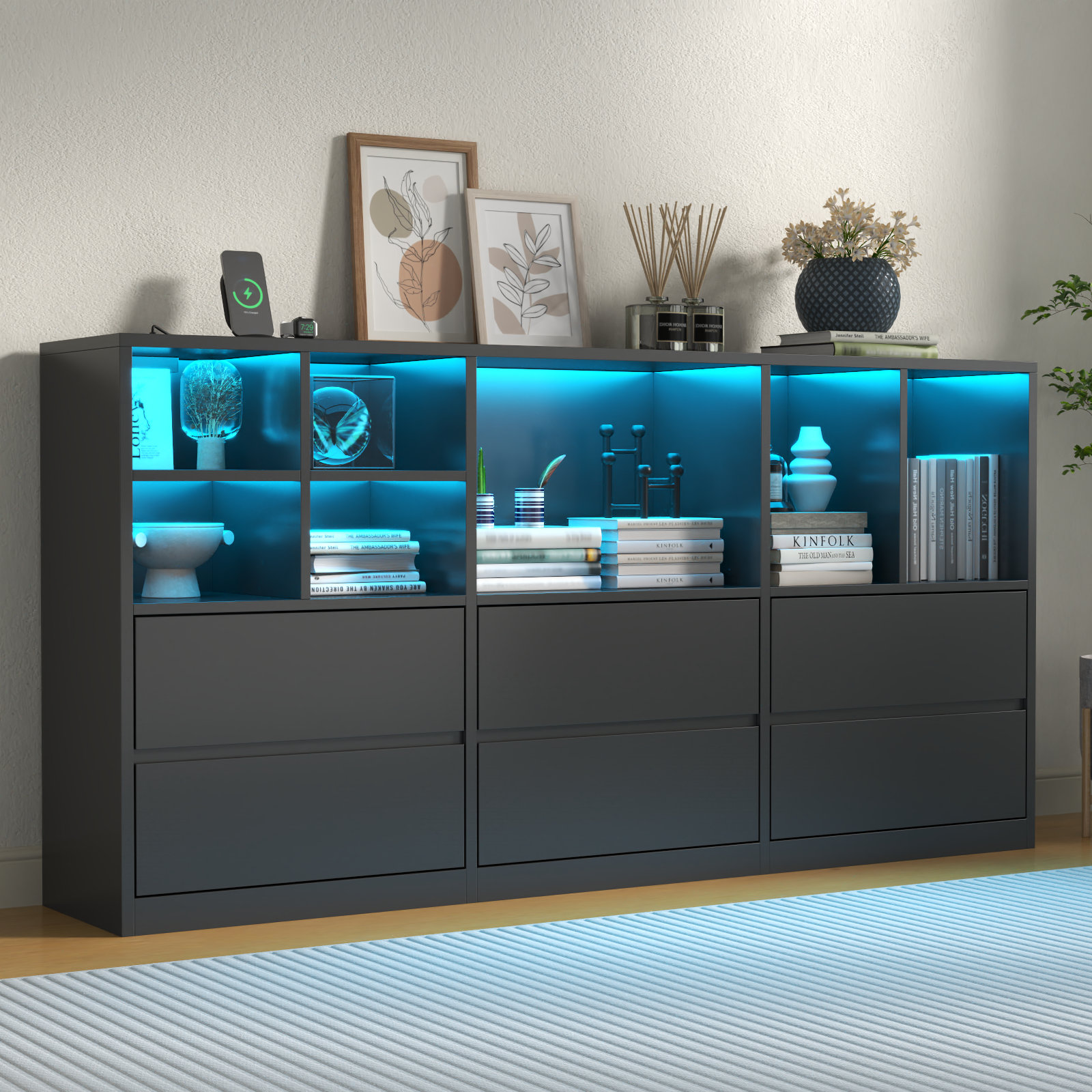 Wrought Studio™ 6 Drawers Dresser With 7 Storage Cubbies, LED Chest Of ...