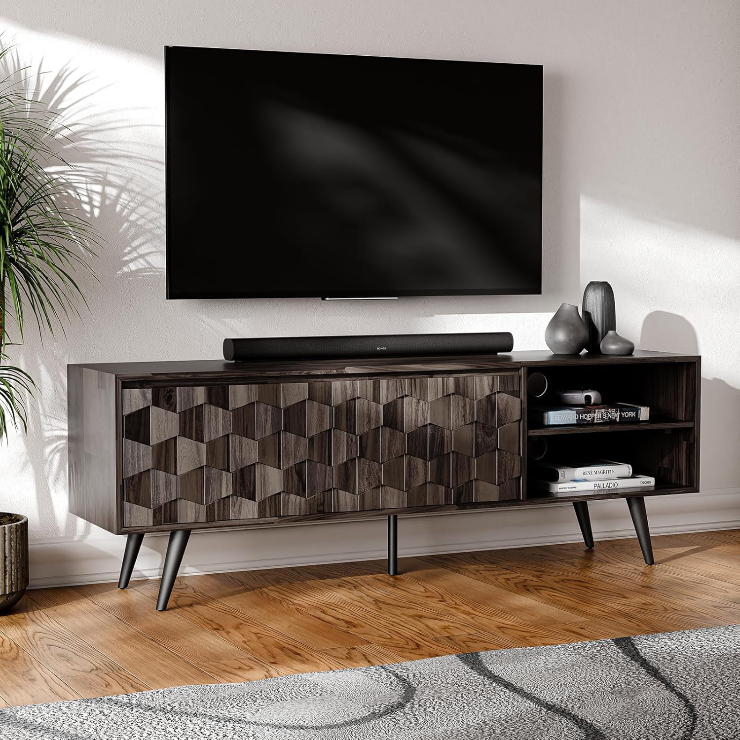 DEBLIT 65-Inch Solid Acacia Wood TV Stand,Assembly Entertainment Centre ...