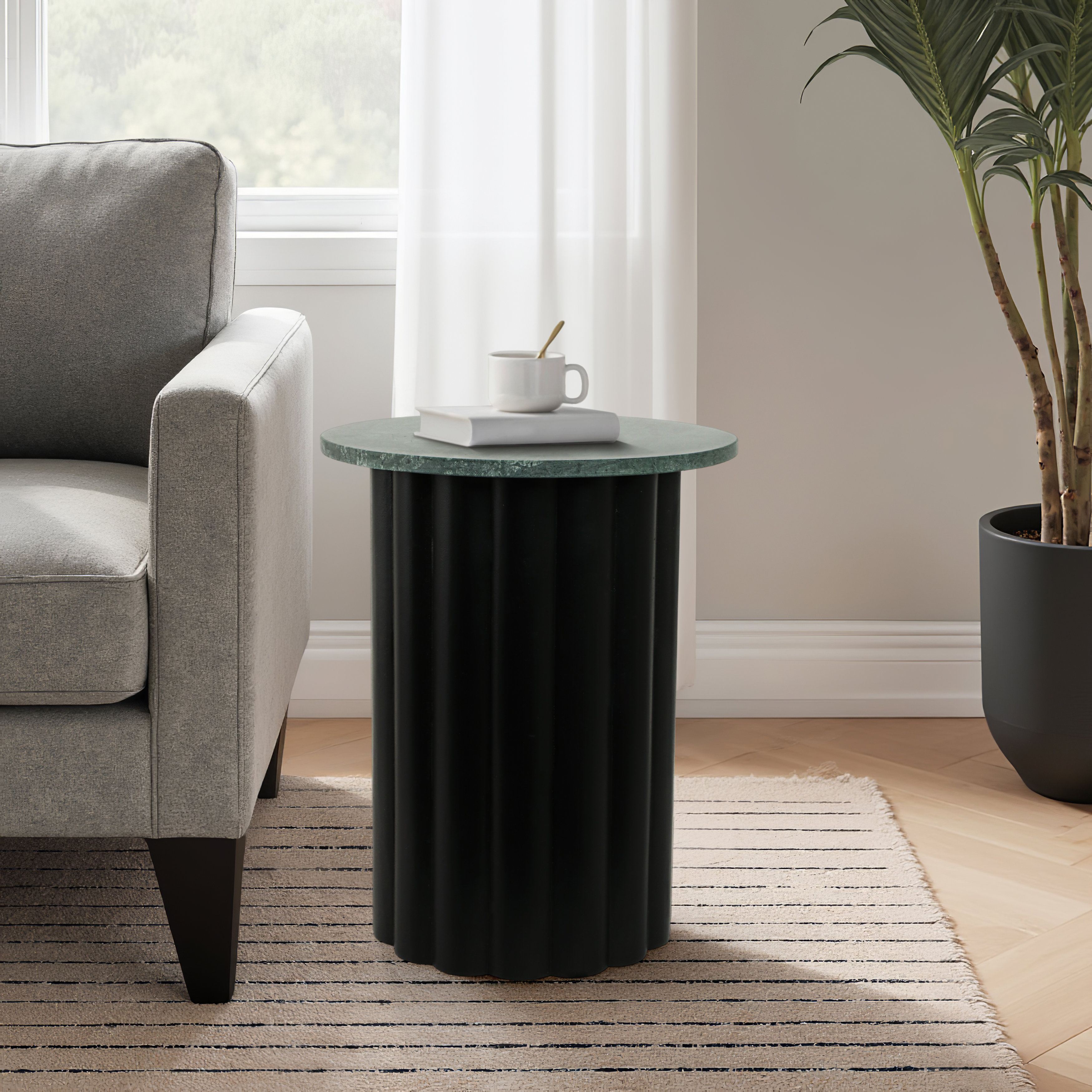 Latitude Run® 20" Large Ribbed Accent Table Marble Top, Black/Green ...
