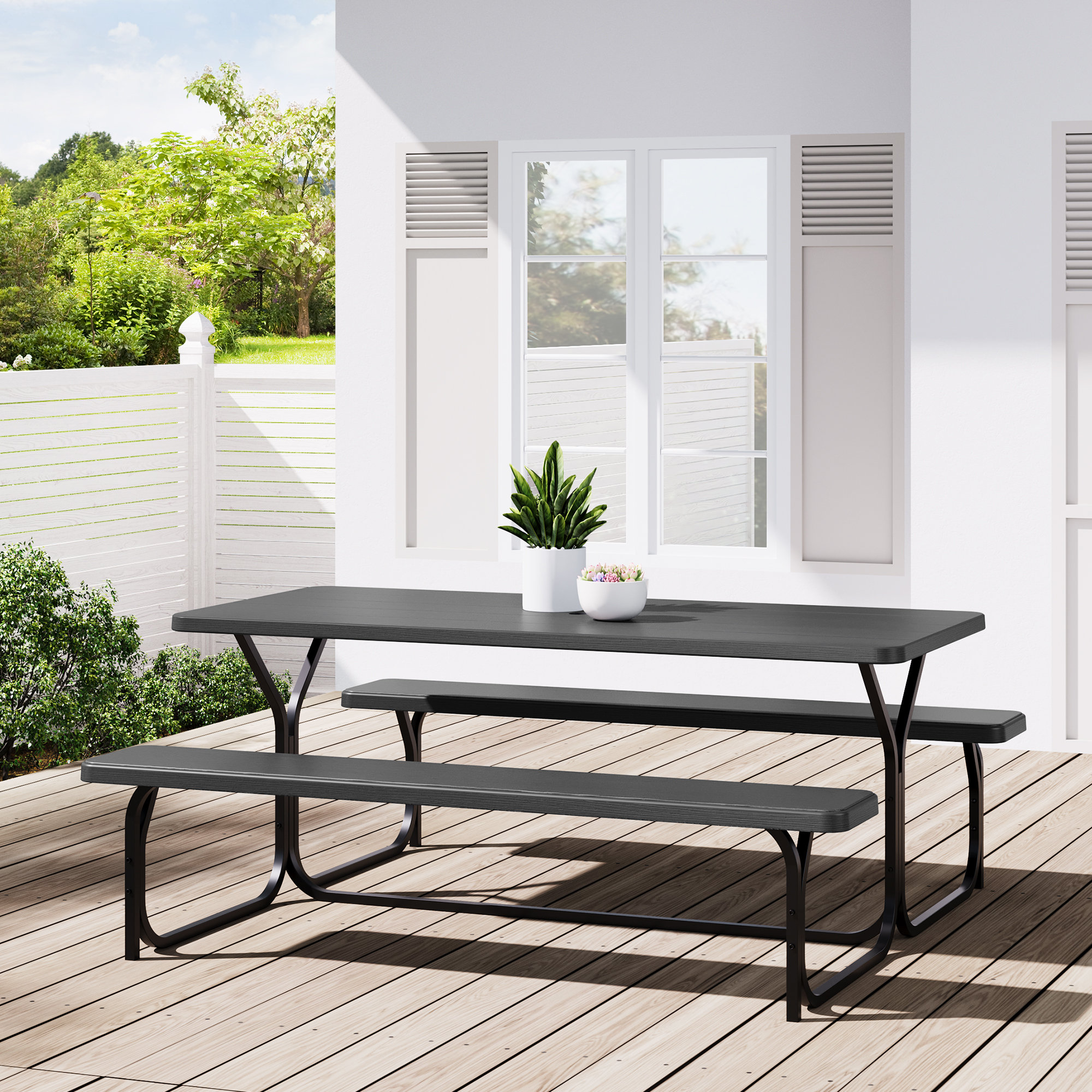 Ebern Designs 6/8-Person Long Wood-grain Picnic Table Set Outdoor ...