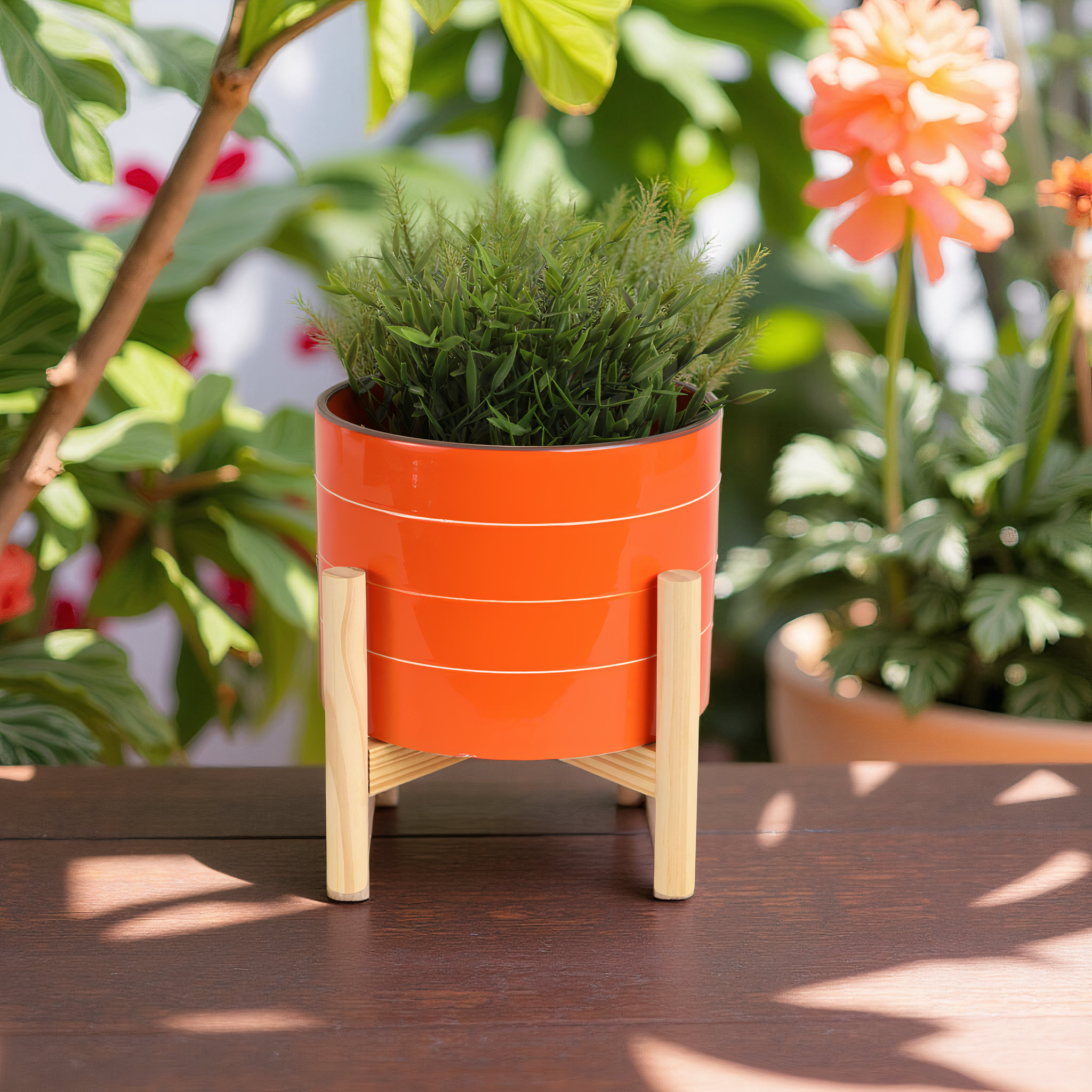 Rosecliff Heights Modern Ceramic Planter with Wooden Stand - Indoor ...