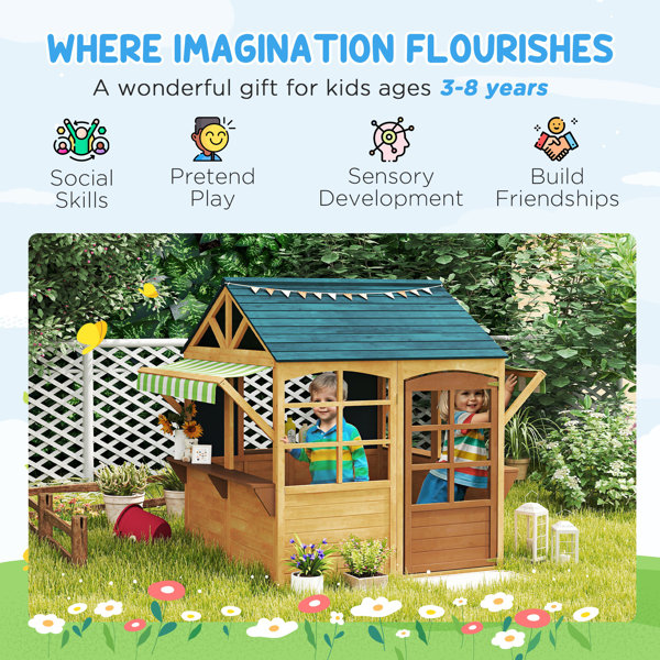 Qaba Foldable Outdoor Playhouse, Wooden Kids Cottage with Windows ...