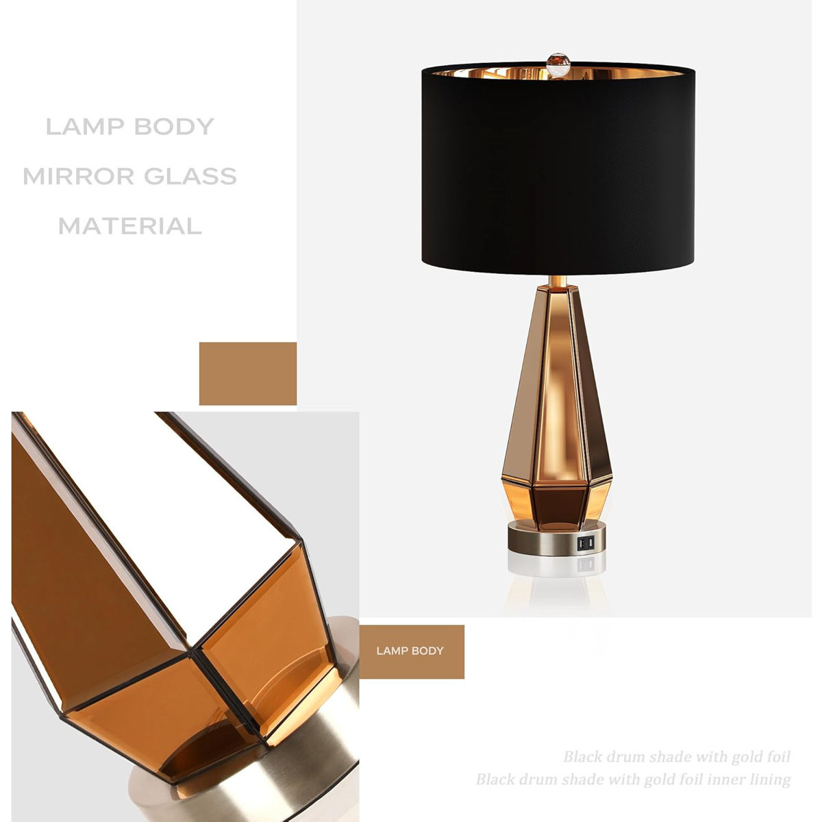 Everly Quinn Modern Amber Table Lamps With USB Charging Ports, Gold ...
