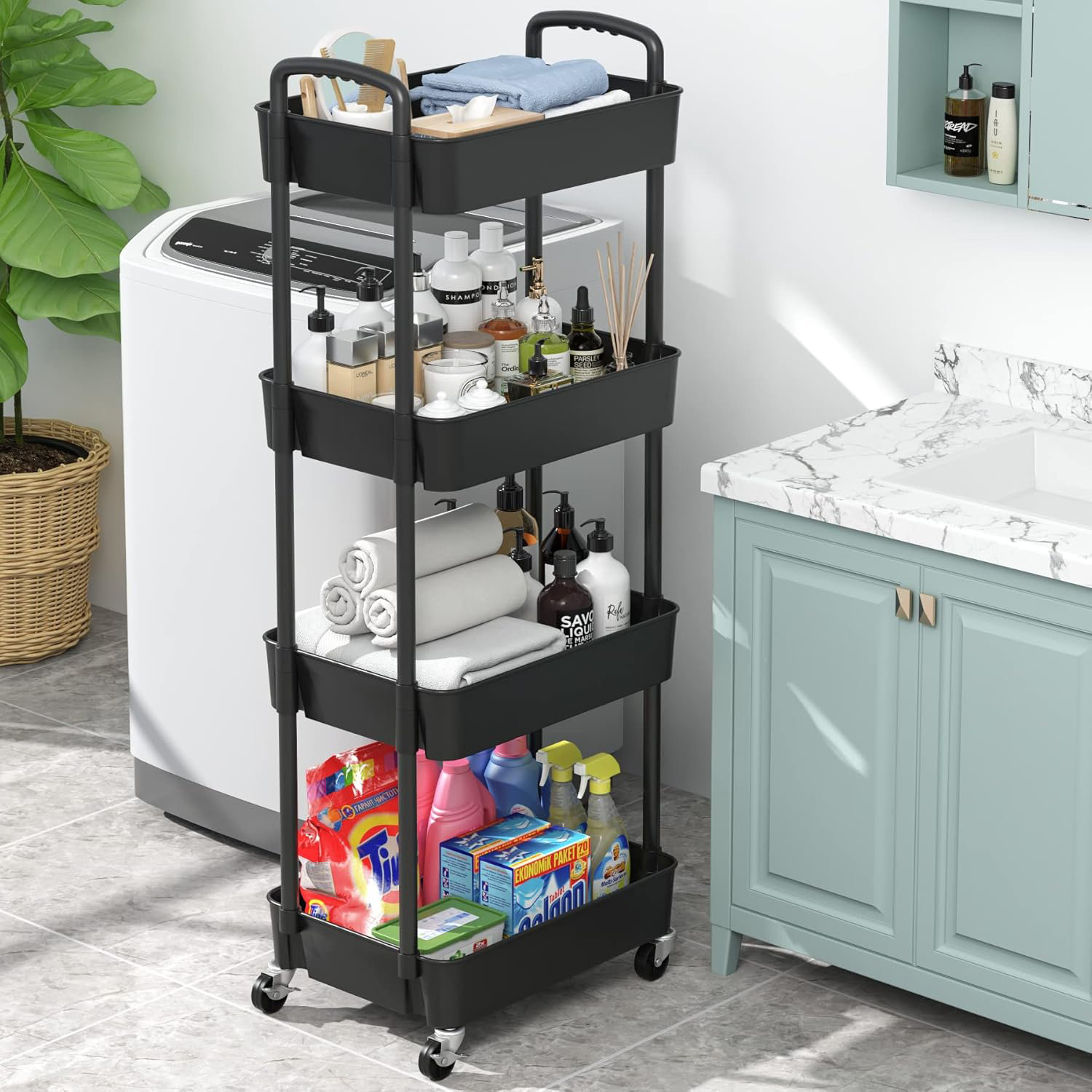 Rebrilliant 4-Tier Plastic Rolling Utility Cart With Handle, Multi ...