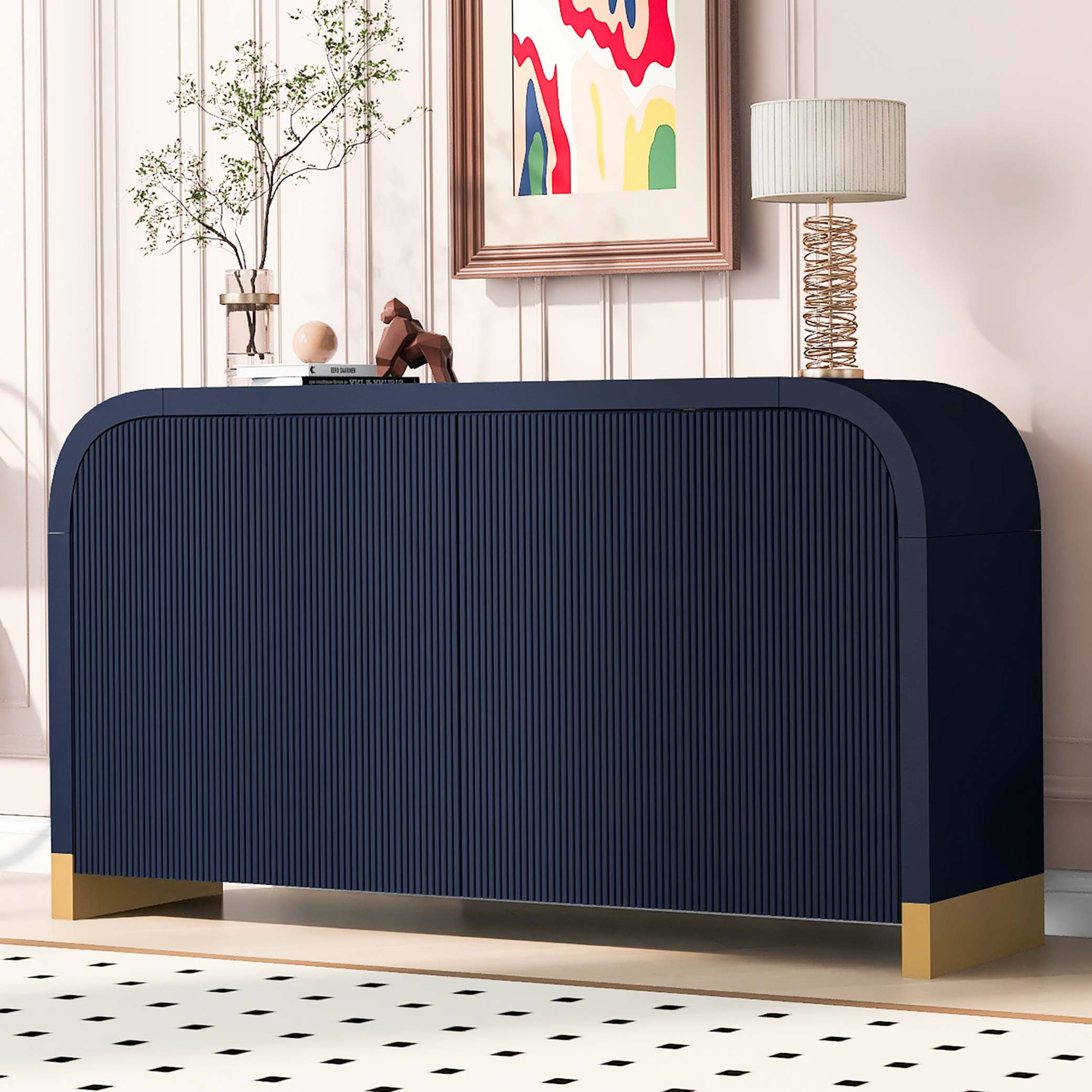 Mercer41 4-door Curved Corner Design Wavy Door Panel Cabinet with ...