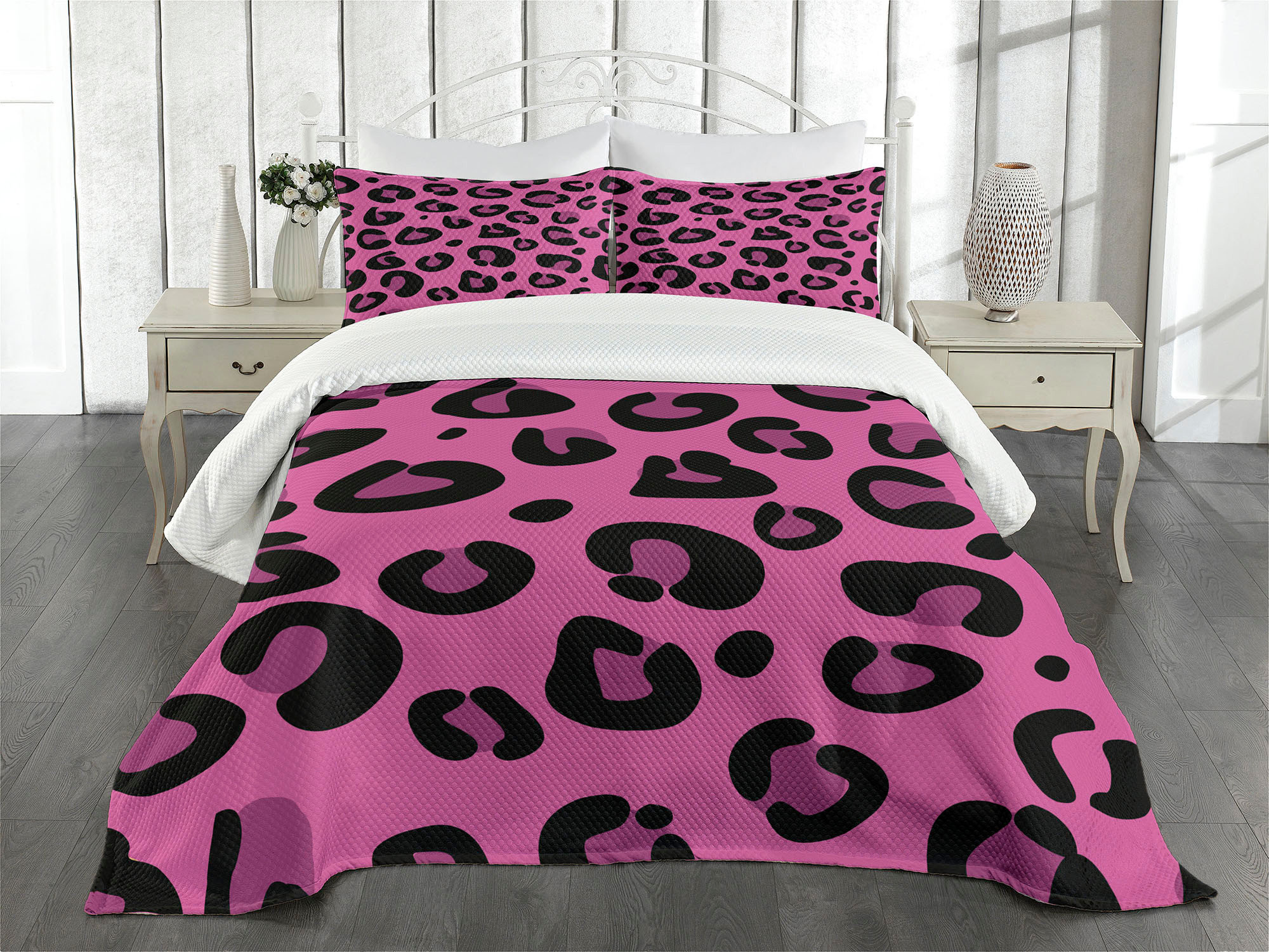 Ambesonne Hot Pink Bedspread Set Leopard Animal Skin Fuchsia Black Pink ...