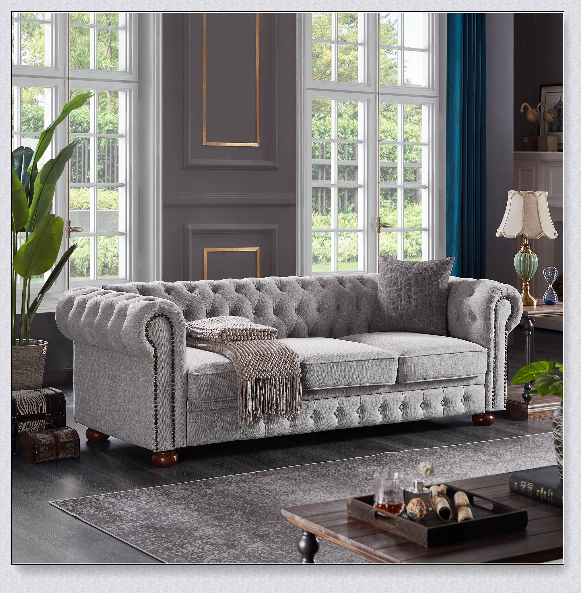 Alcott Hill® Chesterfield sofa in linen fabric Solid base frame ...