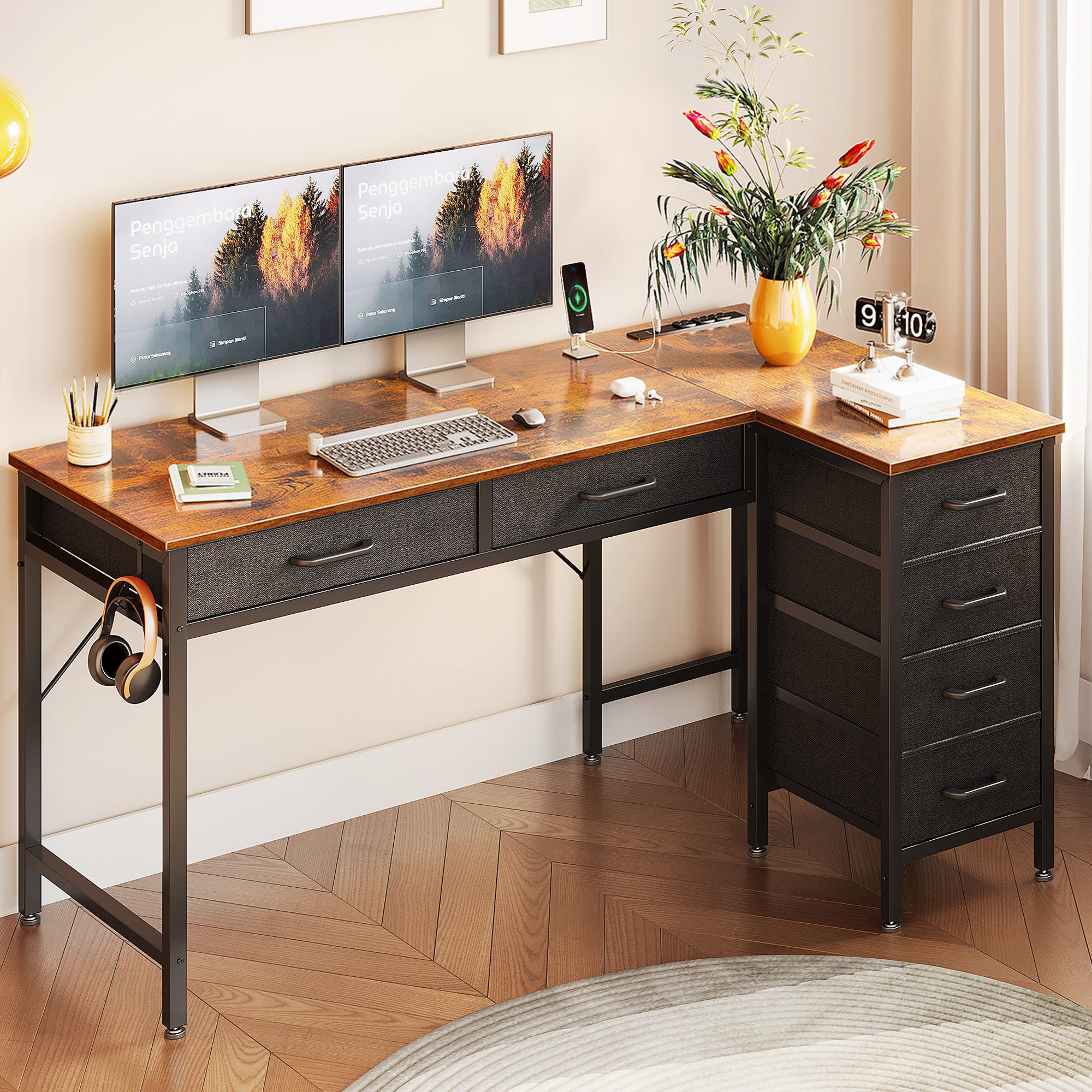 Ebern Designs Computer Desk With Recessed Outlets, Home Office Desk ...