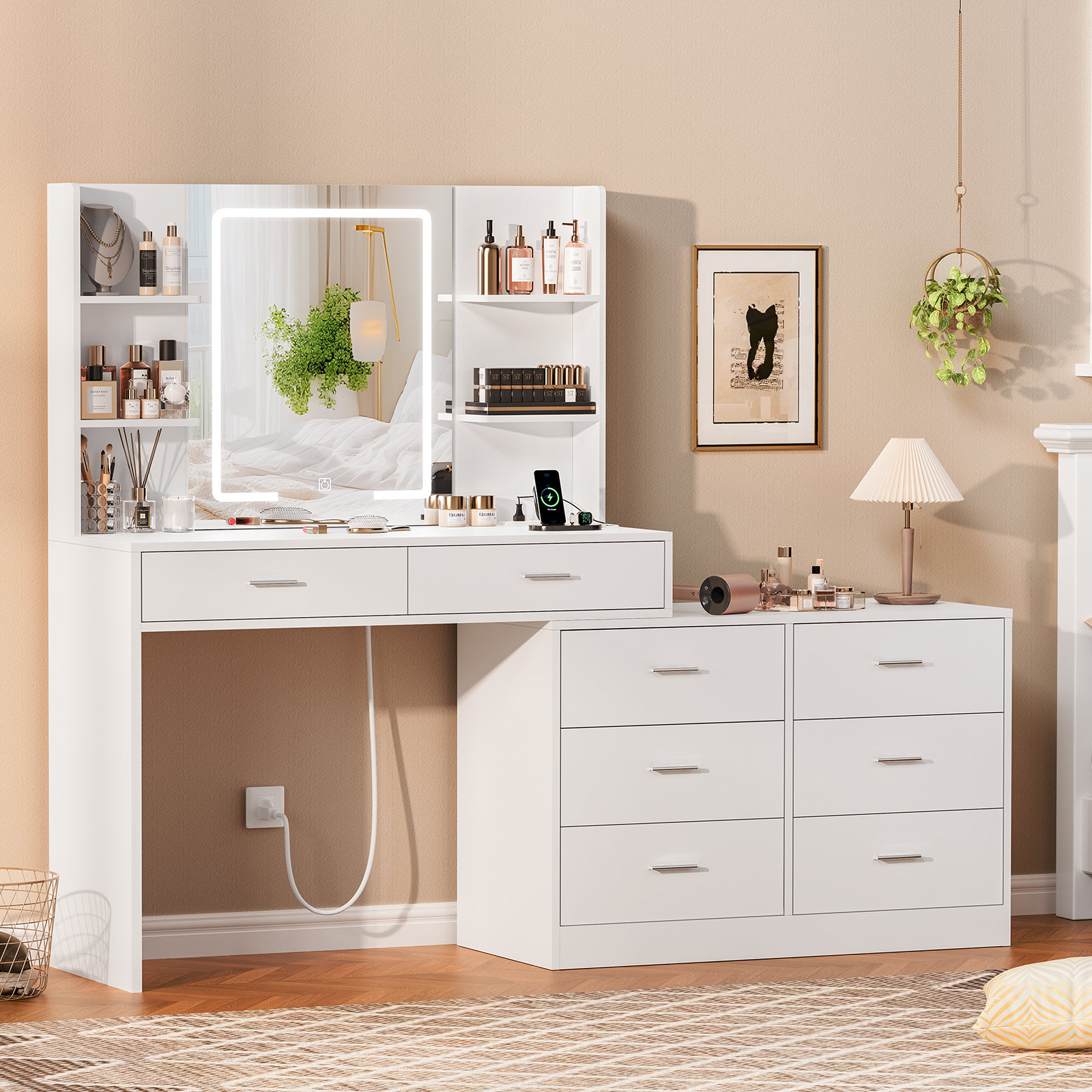 Ivy Bronx Vanity Makeup Desk With Led Light Mirror & Power Outlet, 8 ...