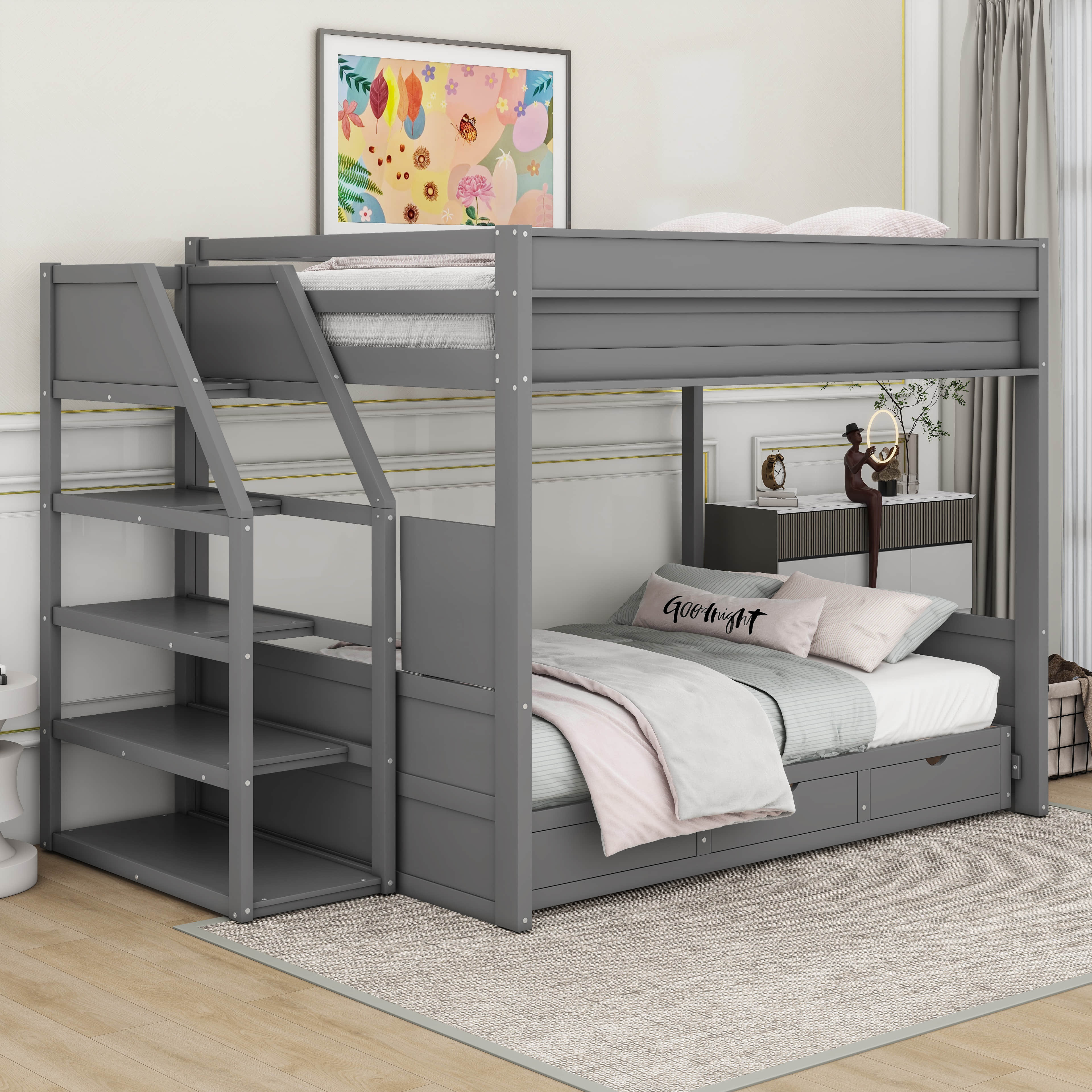 Harriet Bee Lit superposé double convertible en bois avec escalier de ...