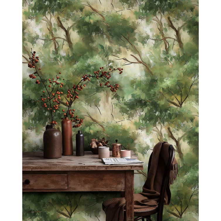 Charlton Home® Impressionist Forest Wallpaper Abstract Green Trees Wall ...
