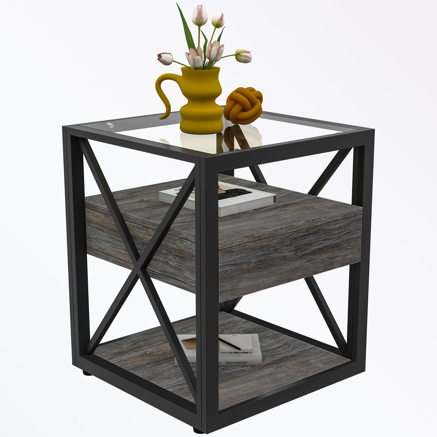 17 Stories End Table with glass table top, drawer and open Shelf | Wayfair